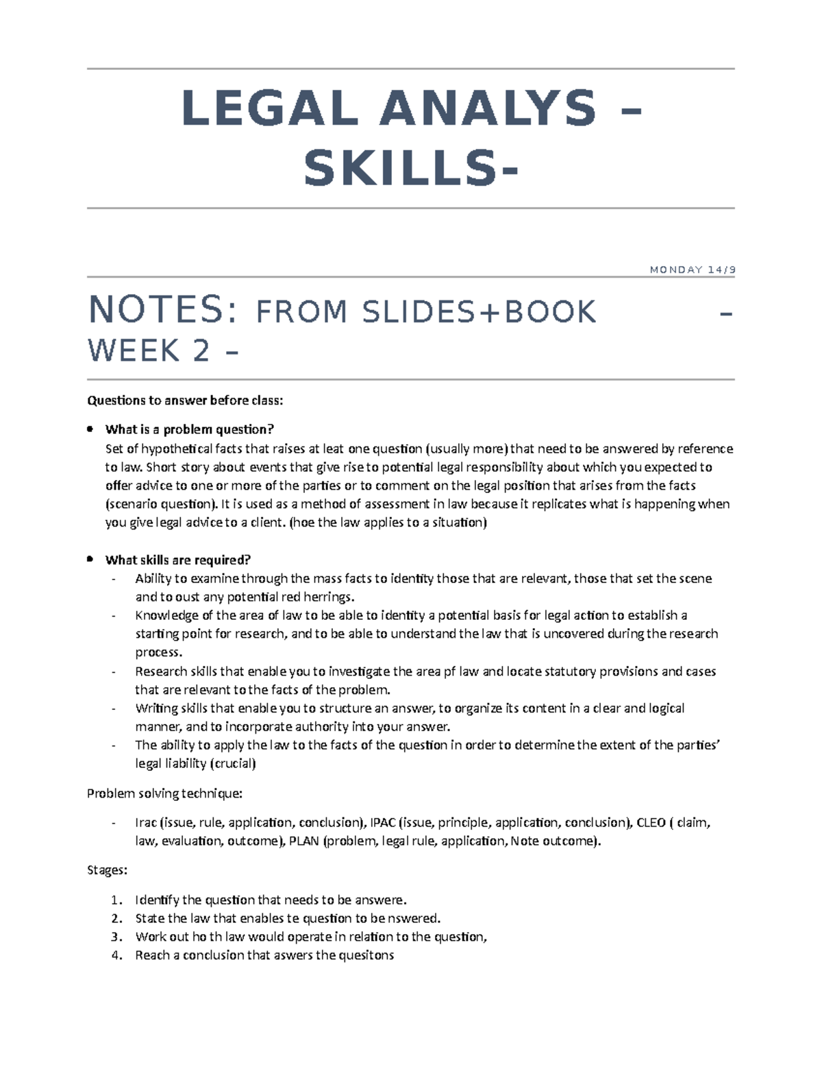 Legal Analysis Notes: Week 1 & 2 Overview for Law 101 - Studeersnel