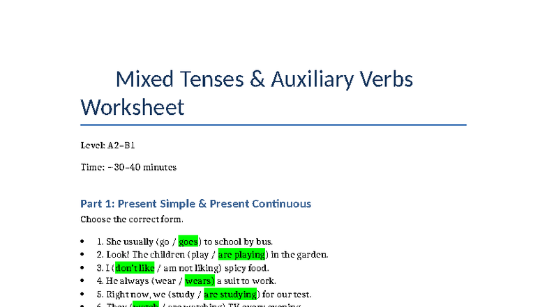 Mixed Tenses & Aux. Verbs Worksheet: Level Assessment - Studeersnel