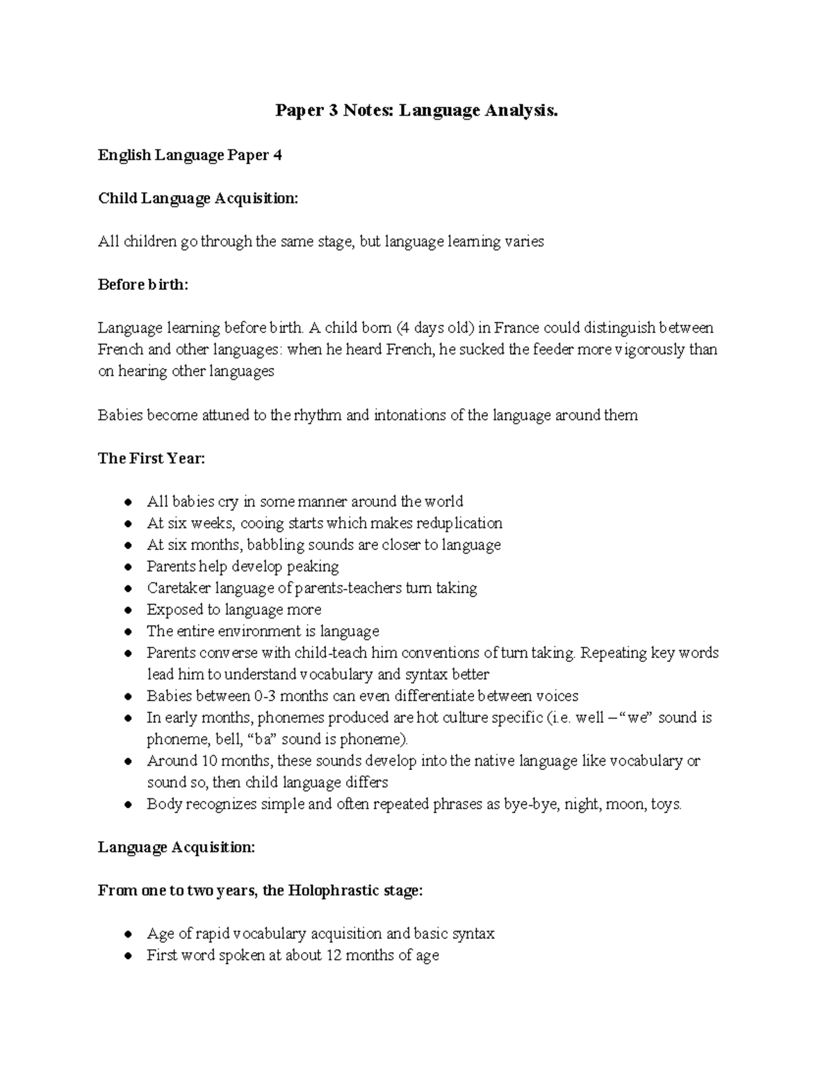 English Language Paper 3: Comprehensive Notes on Child Language ...