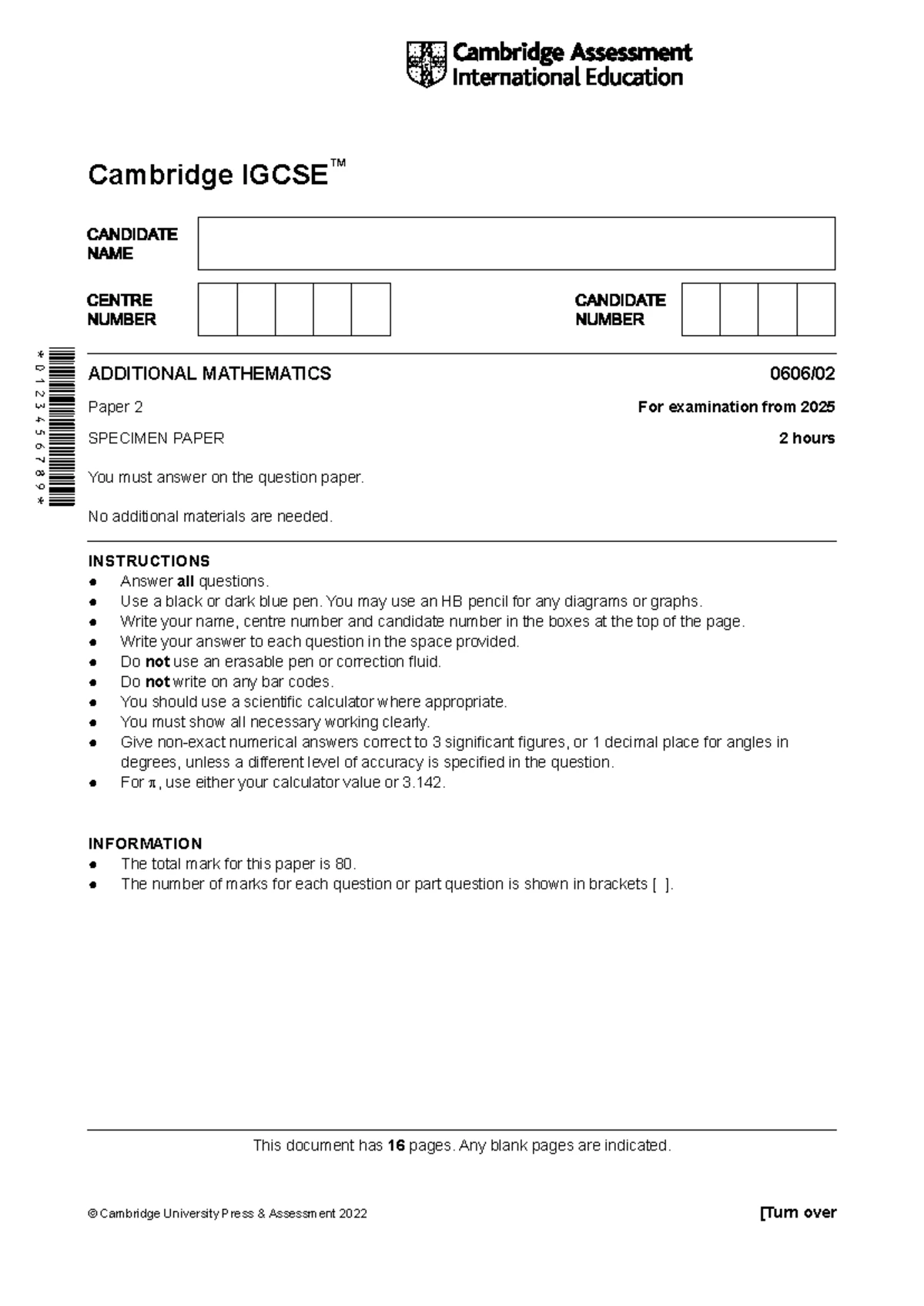 0606/01B/SP - Cambridge IGCSE™ Additional Mathematics Specimen Paper B ...