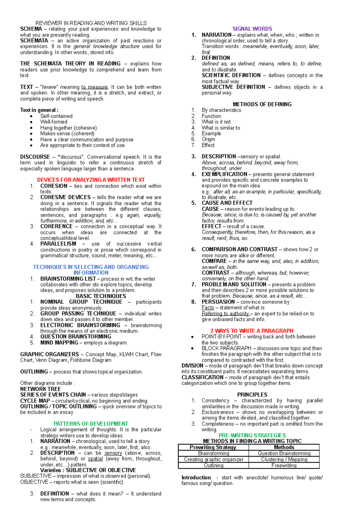 Reading and Writing Skills - Comprehensive Reviewer Notes - Studocu
