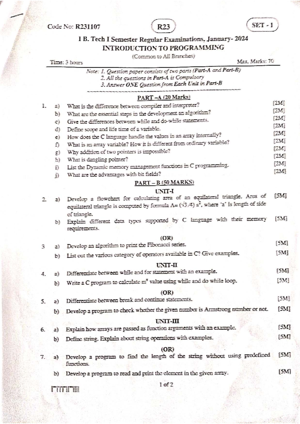 R231107 I B. Tech 1st Sem Intro to Programming Previous Year QP 2024 ...