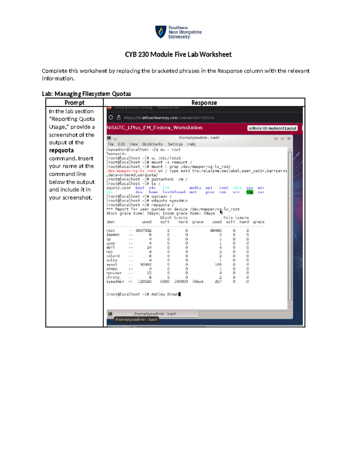 CYB230 Module Five Lab Ashley Brown - CYB 230 Module Five Lab Worksheet ...