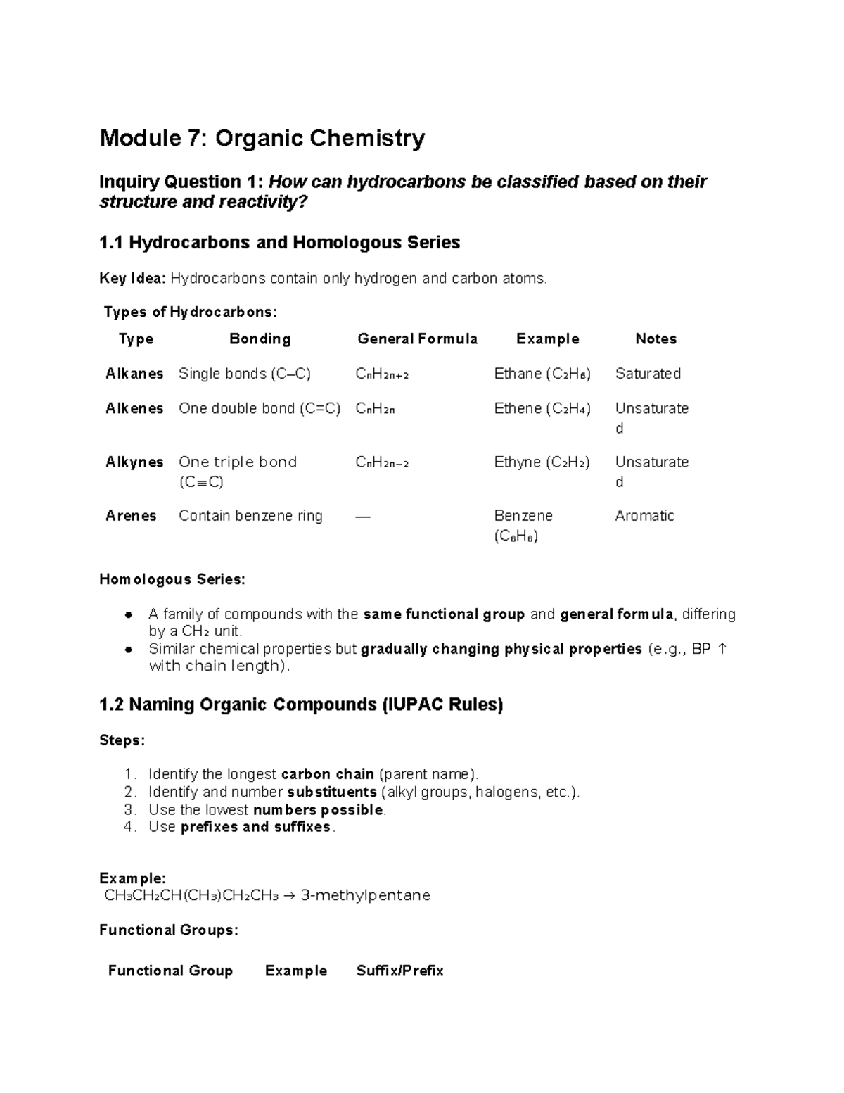 Module 7: Organic Chemistry - Hydrocarbons & Their Properties - Studocu