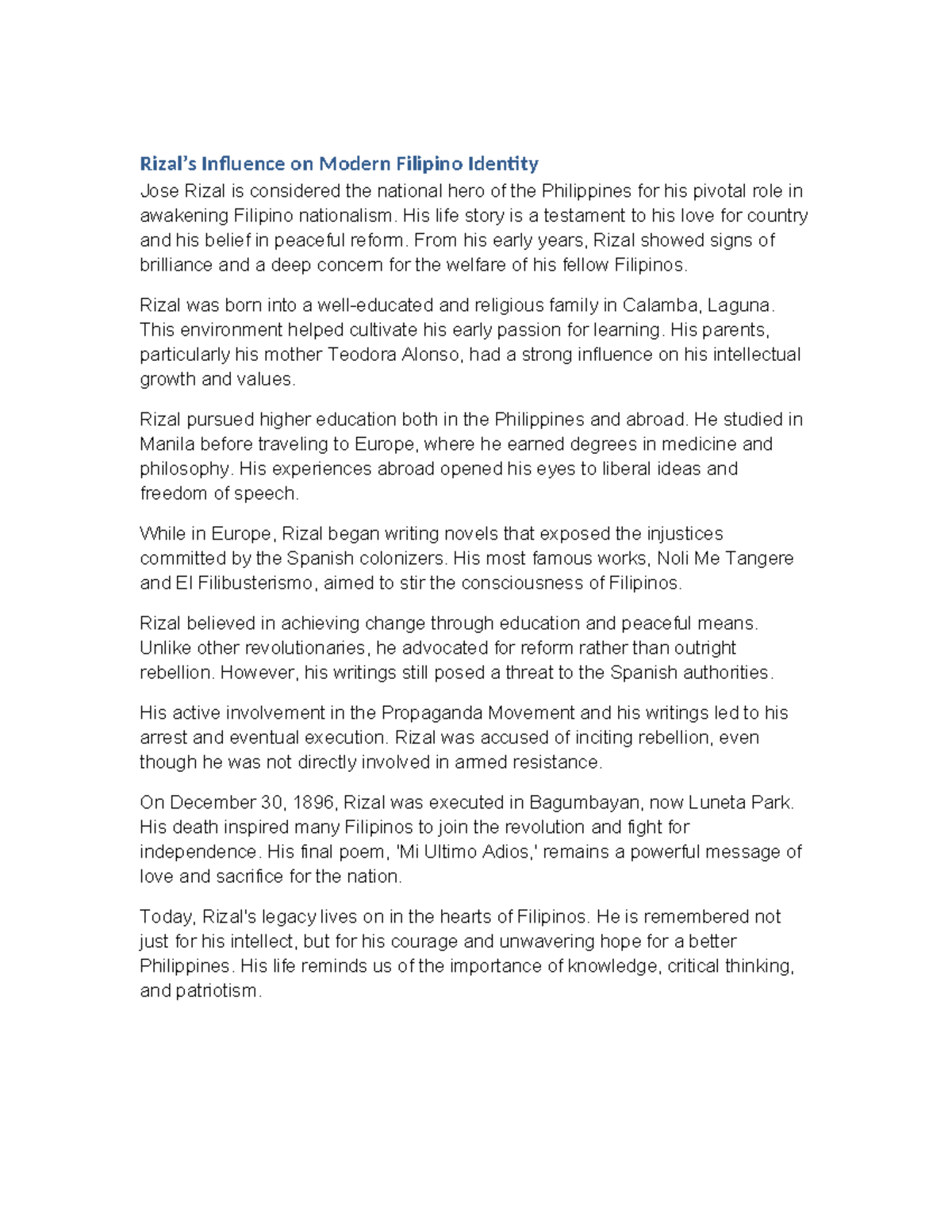 Rizal Document 9 Rizal’s Influence on Modern Filipino Identity - Rizal ...