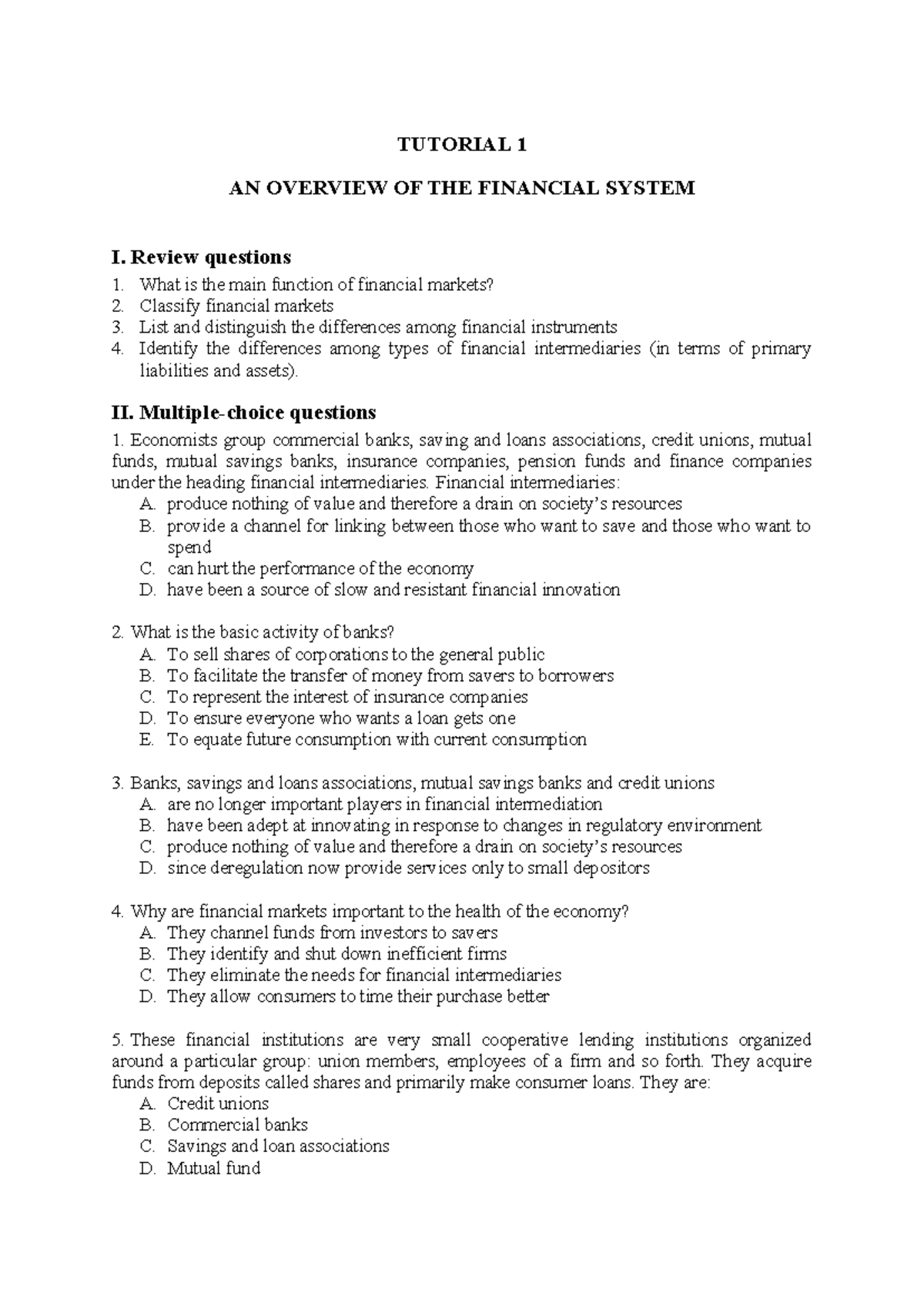 Tutorial 1 questions - aaa - TUTORIAL 1 AN OVERVIEW OF THE FINANCIAL ...