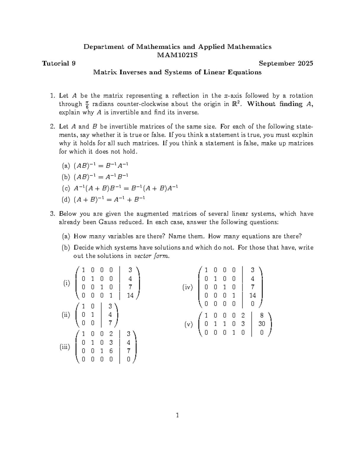 Tutorial 9 MAM1021S: Matrix Inverses & Linear Systems - Studocu