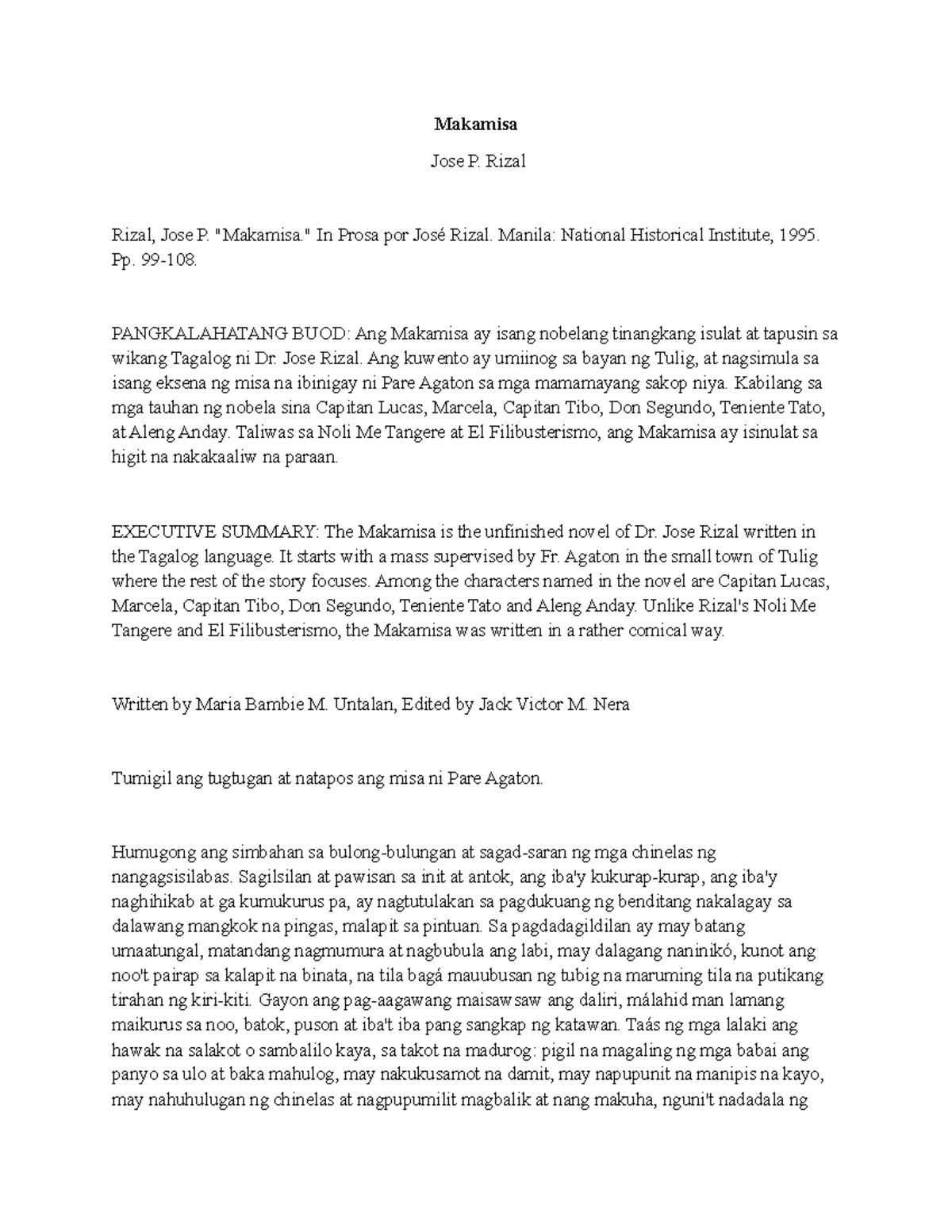 Makamisa: Buod ng Unfinished Novel ni Jose Rizal - Studocu