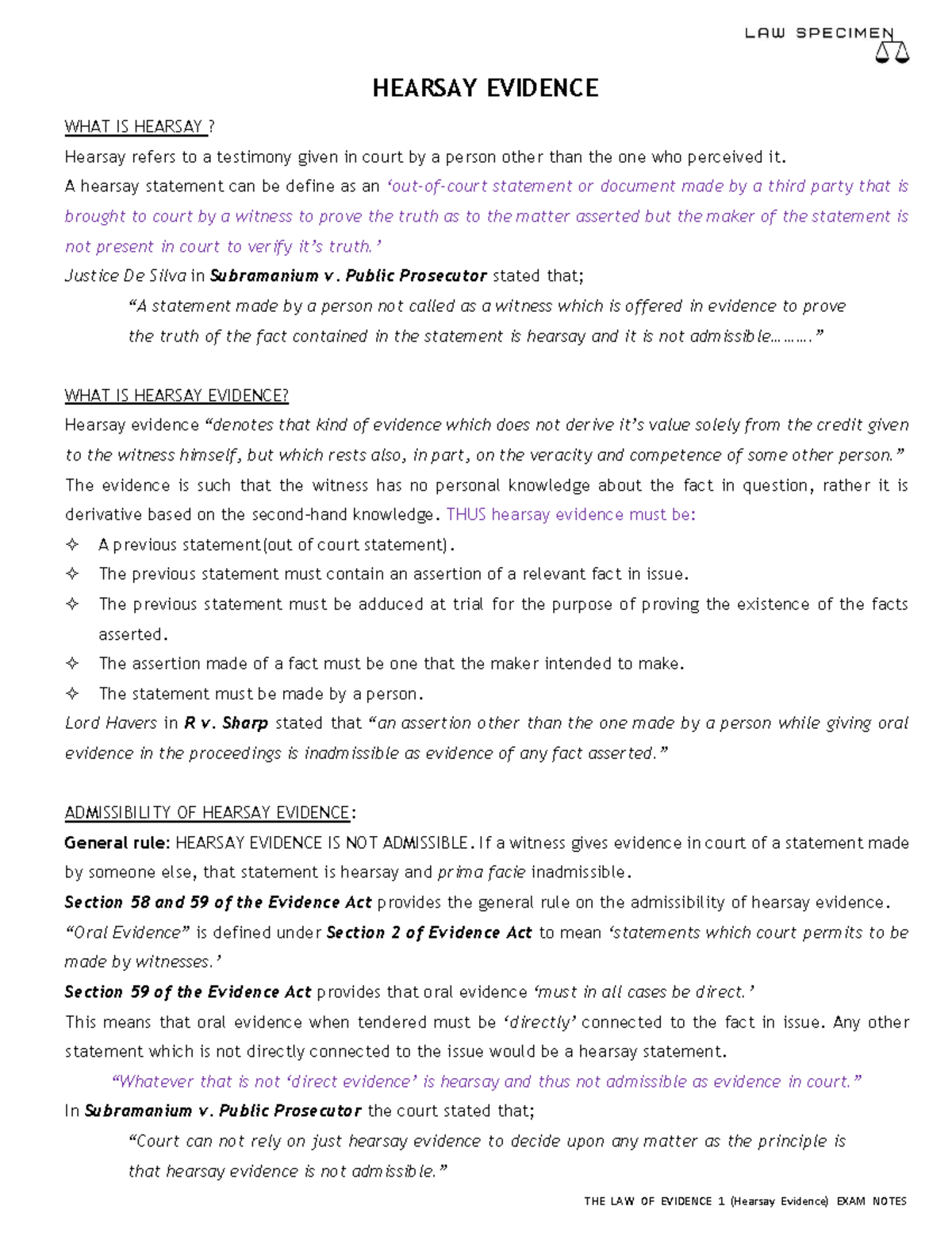 HEARSAY EVIDENCE: Rules, Admissibility, and Exceptions (Law 101) - Studocu