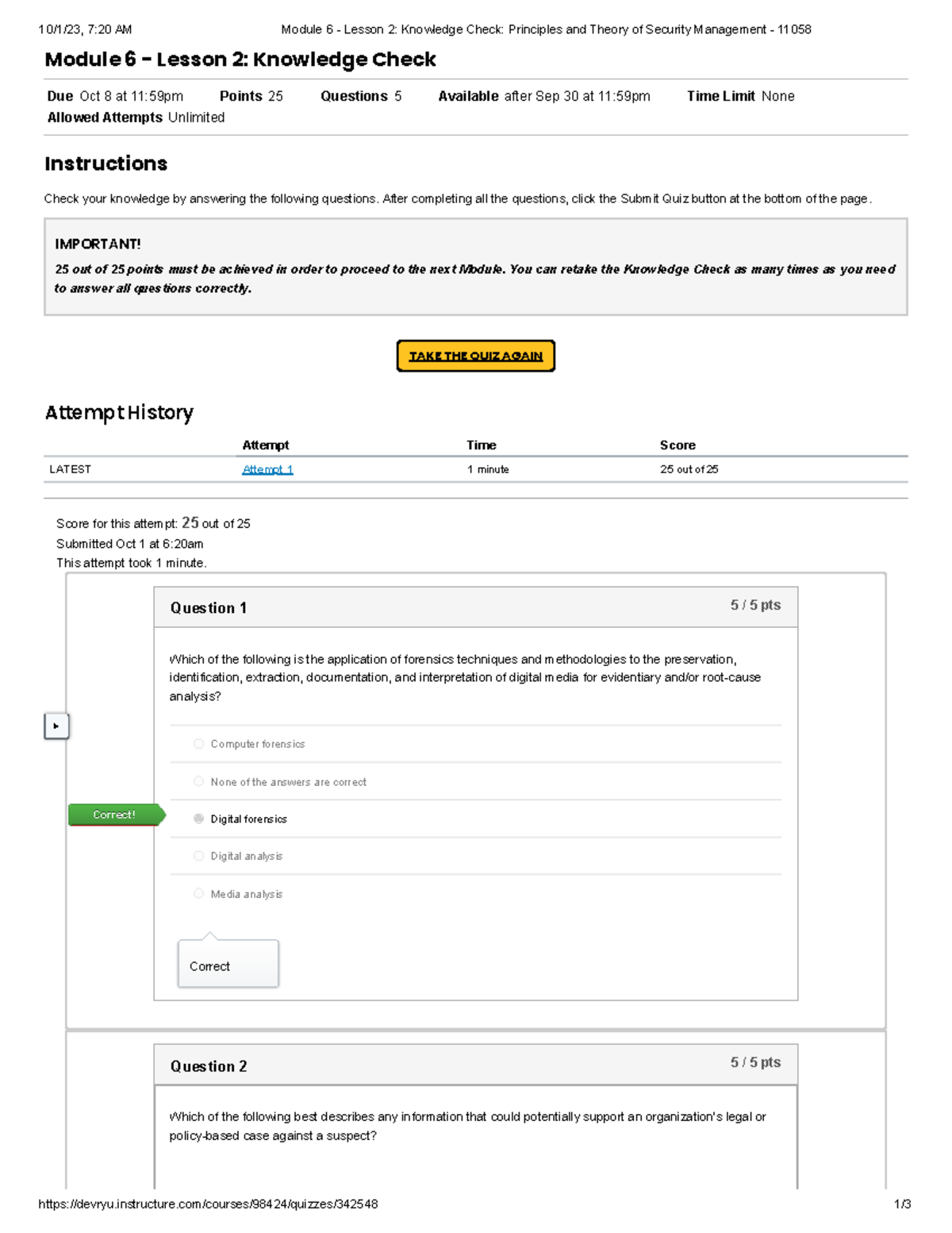 Module 6 - Lesson 2: Knowledge Check on Security Management (25 pts) - Studocu