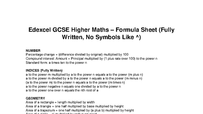 GCSE Higher Maths Formula Sheet (Fully Written, No Symbols) - Studocu