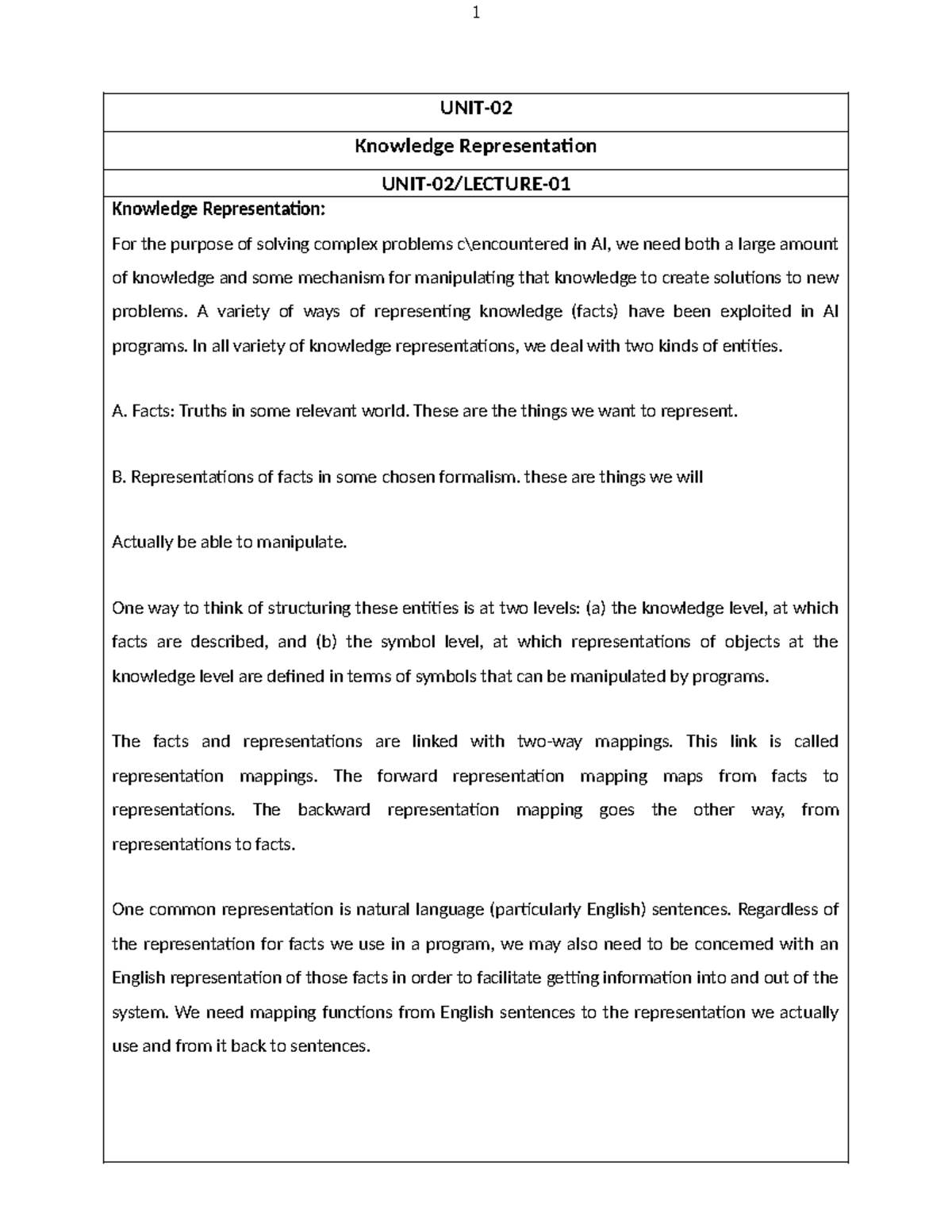 AI Unit 2: Knowledge Representation and Its Approaches - Studocu