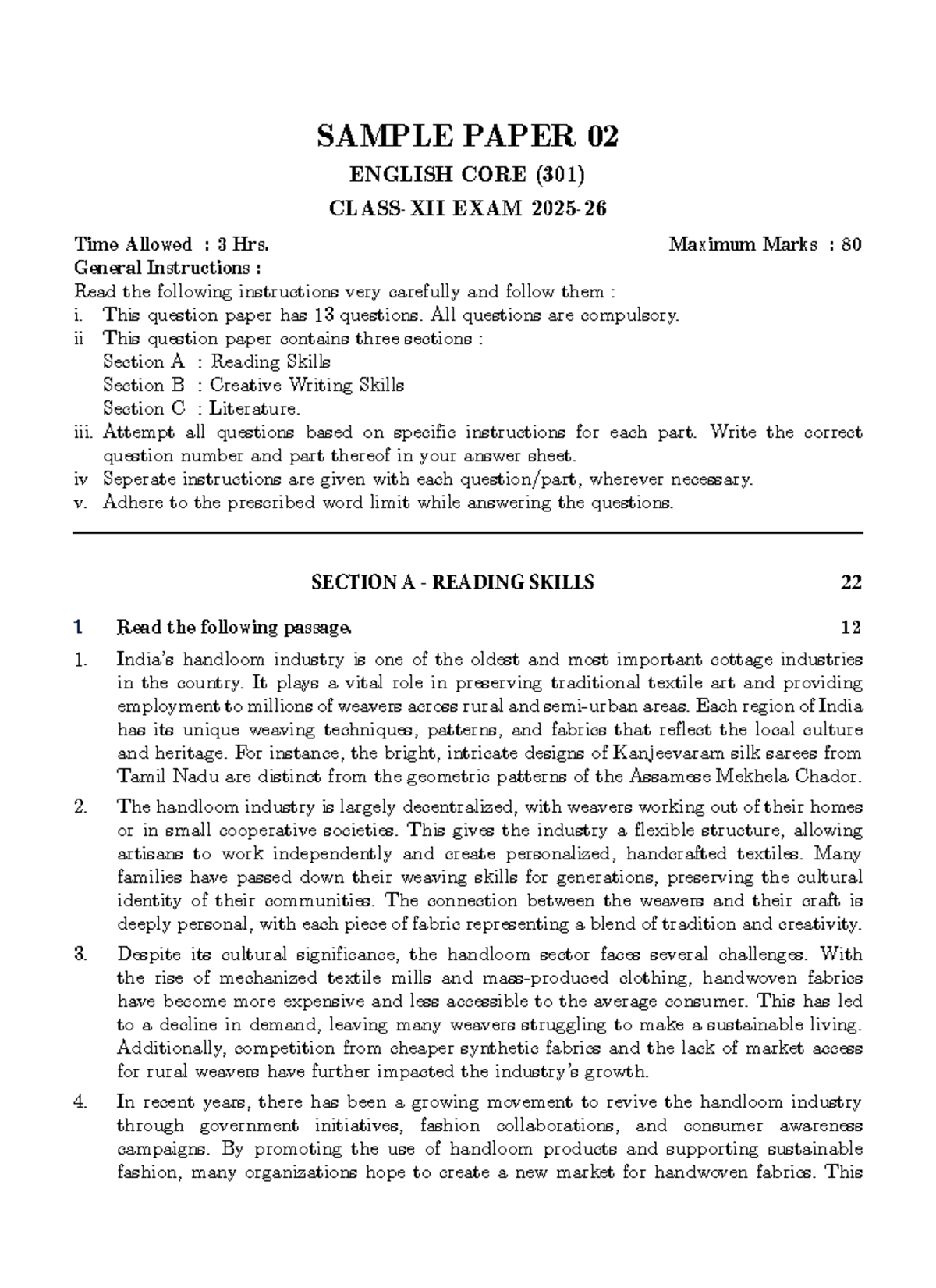 Sample Paper 02 - English Core (301) Exam Guide - Studocu