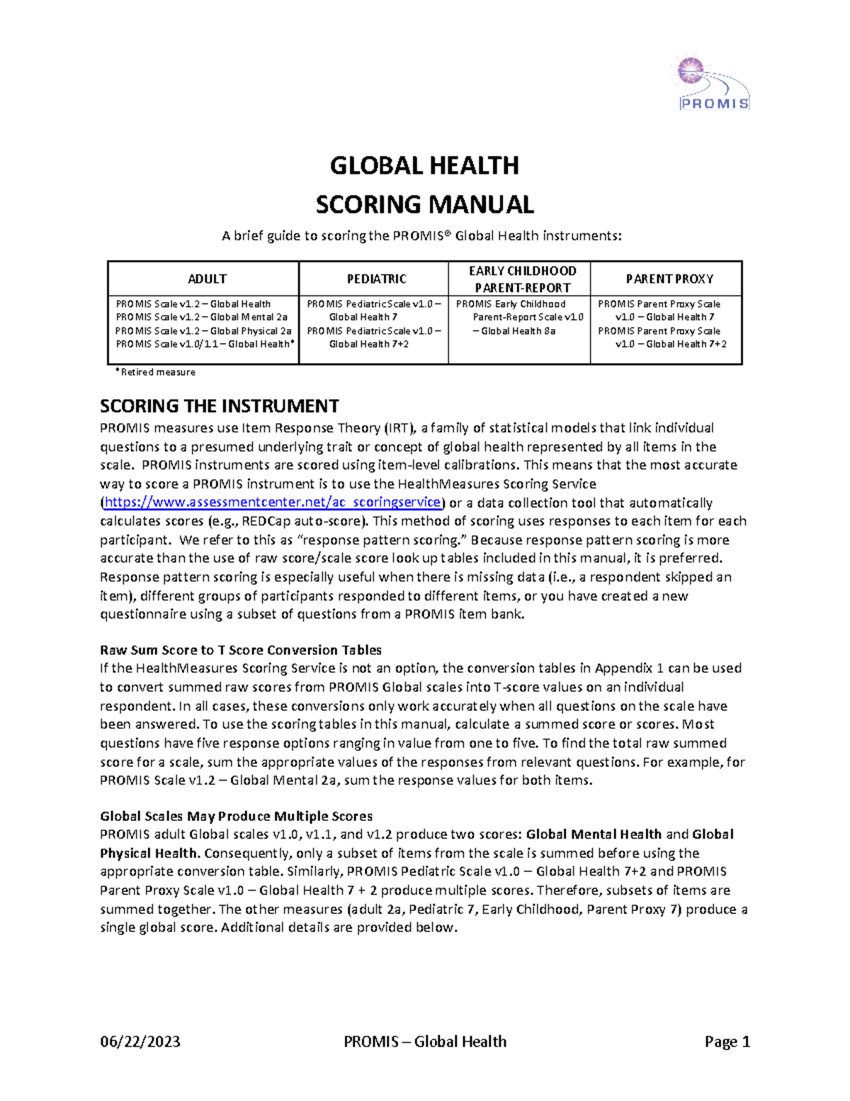 PROMIS Global Health Scoring Manual - June 2023 Guide - Studocu
