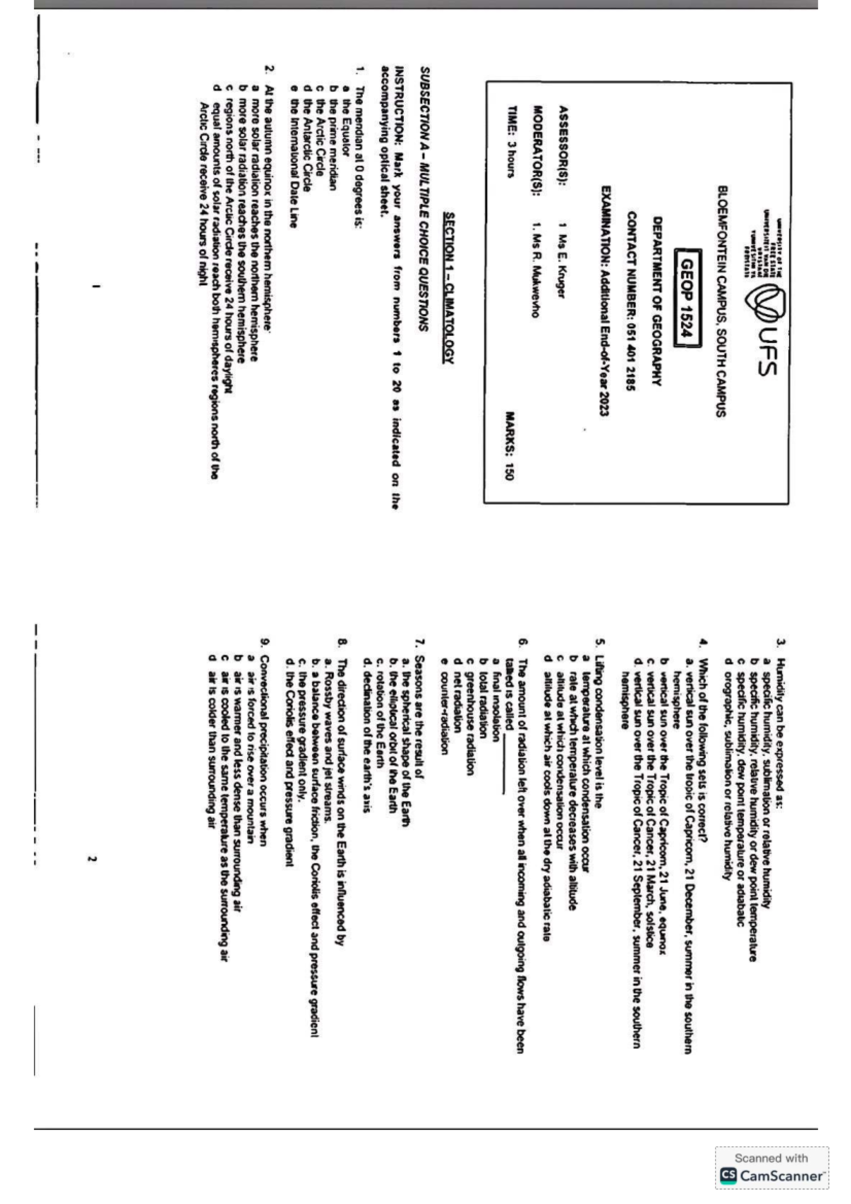 GEOP 1524: Climatology Past Paper 2023 - Multiple Choice & Long ...