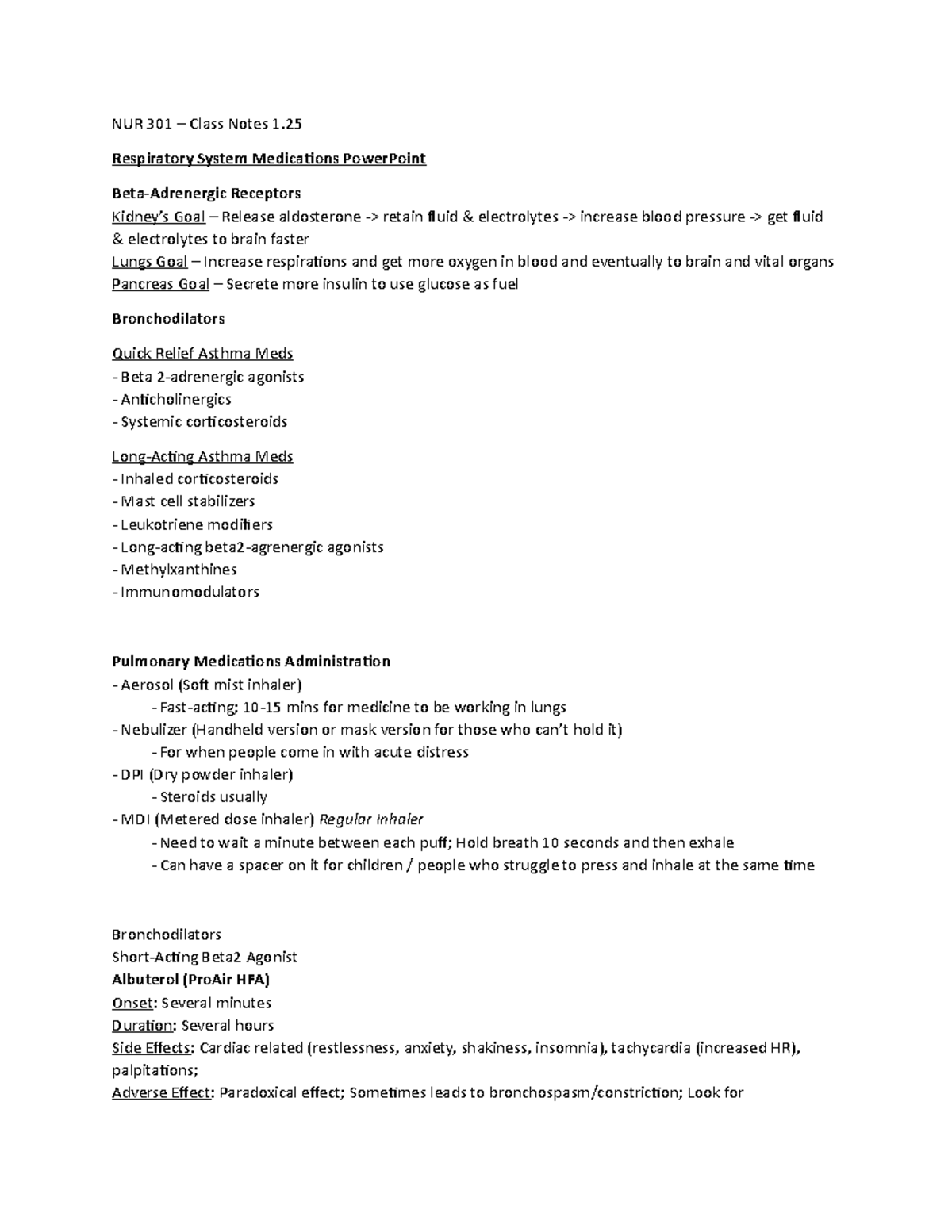 NUR 301 - Class Notes 1 - NUR 301 – Class Notes 1. Respiratory System ...