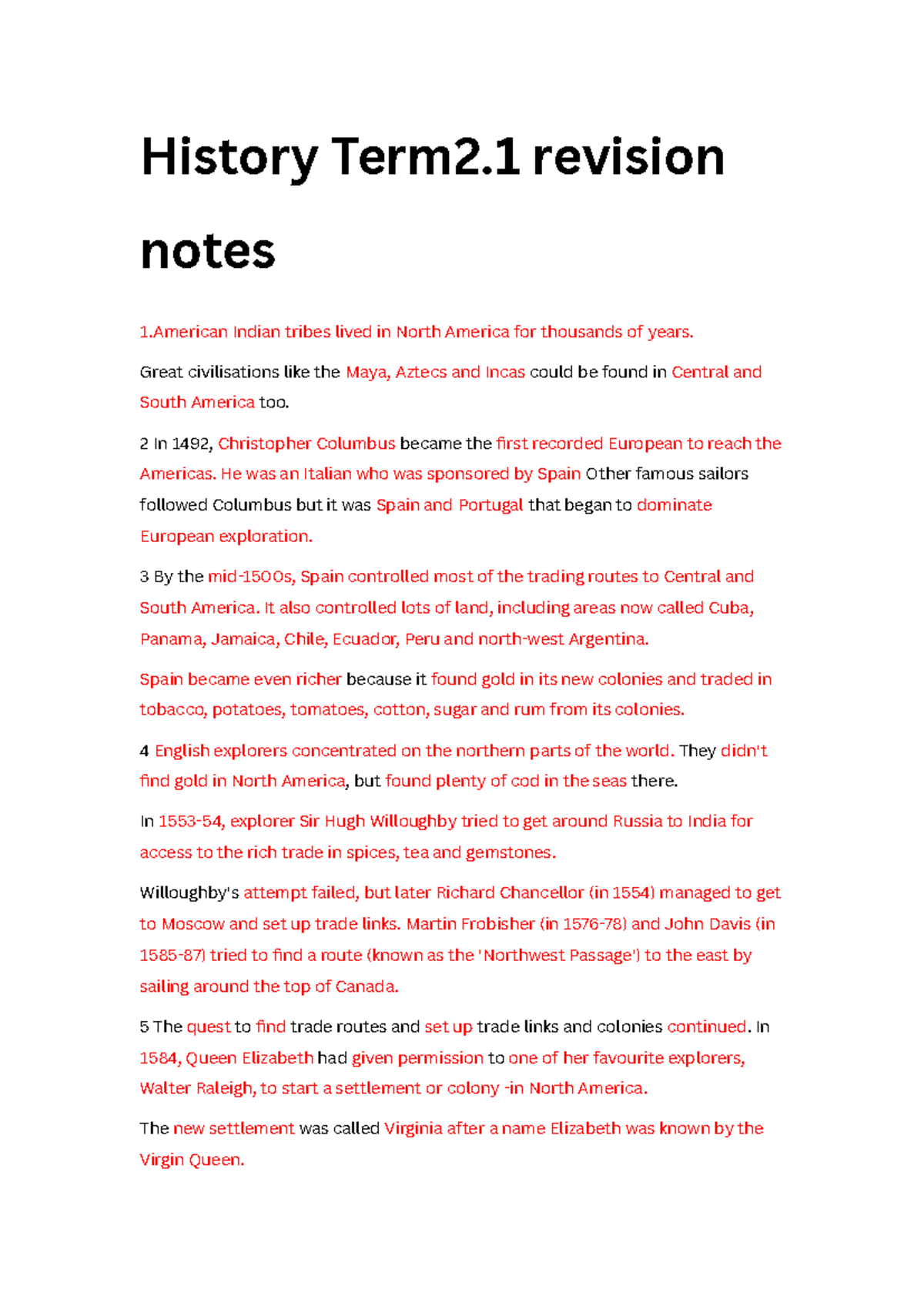 History Term 2.1: Revision Notes on Early American Settlements - Studocu