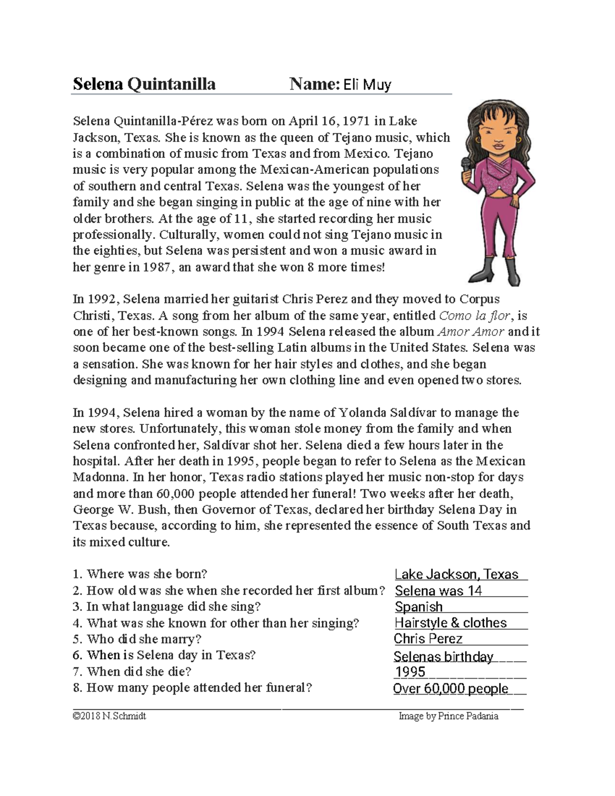 SEL 101: Selena Quintanilla Biography and Key Facts Worksheet - Studocu