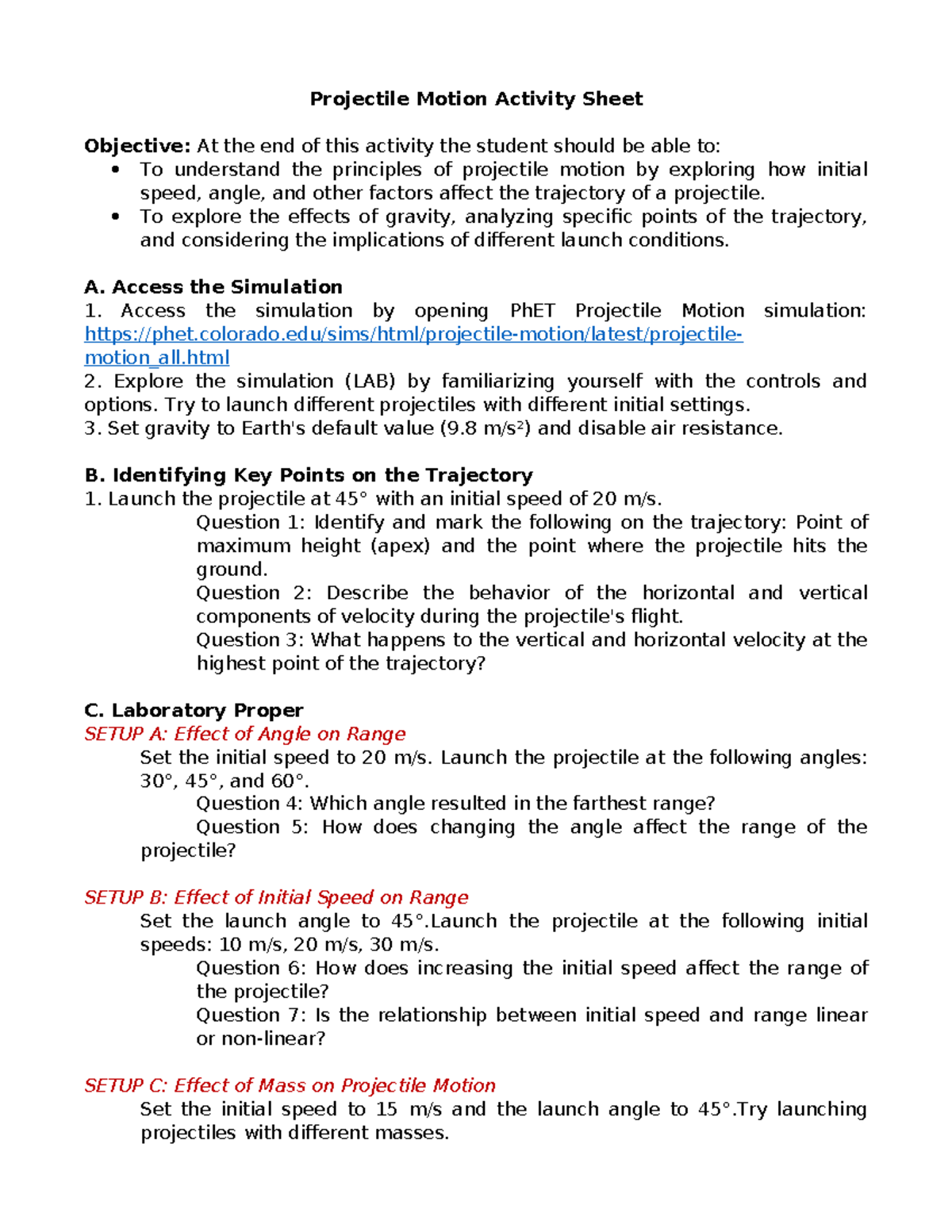Projectile Motion Activity Sheet: Exploring Trajectories and Factors ...
