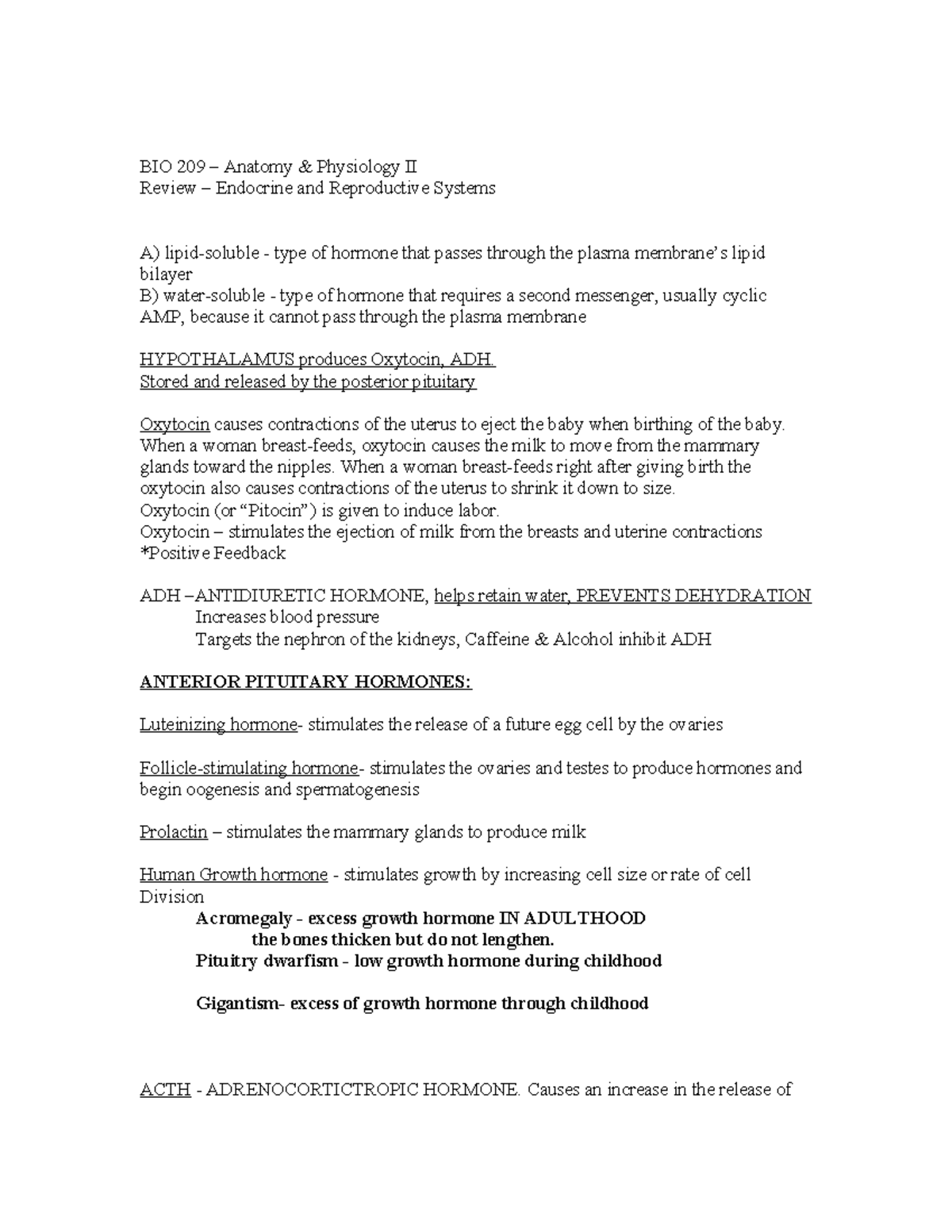 BIO 209 Final Exam Review: Endocrine & Reproductive Systems Summary ...