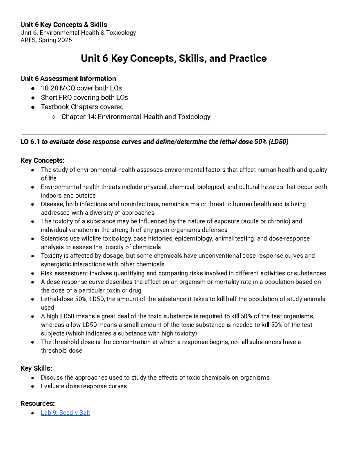 Unit 6: Environmental Health & Toxicology Key Concepts APES Spring 2025 ...
