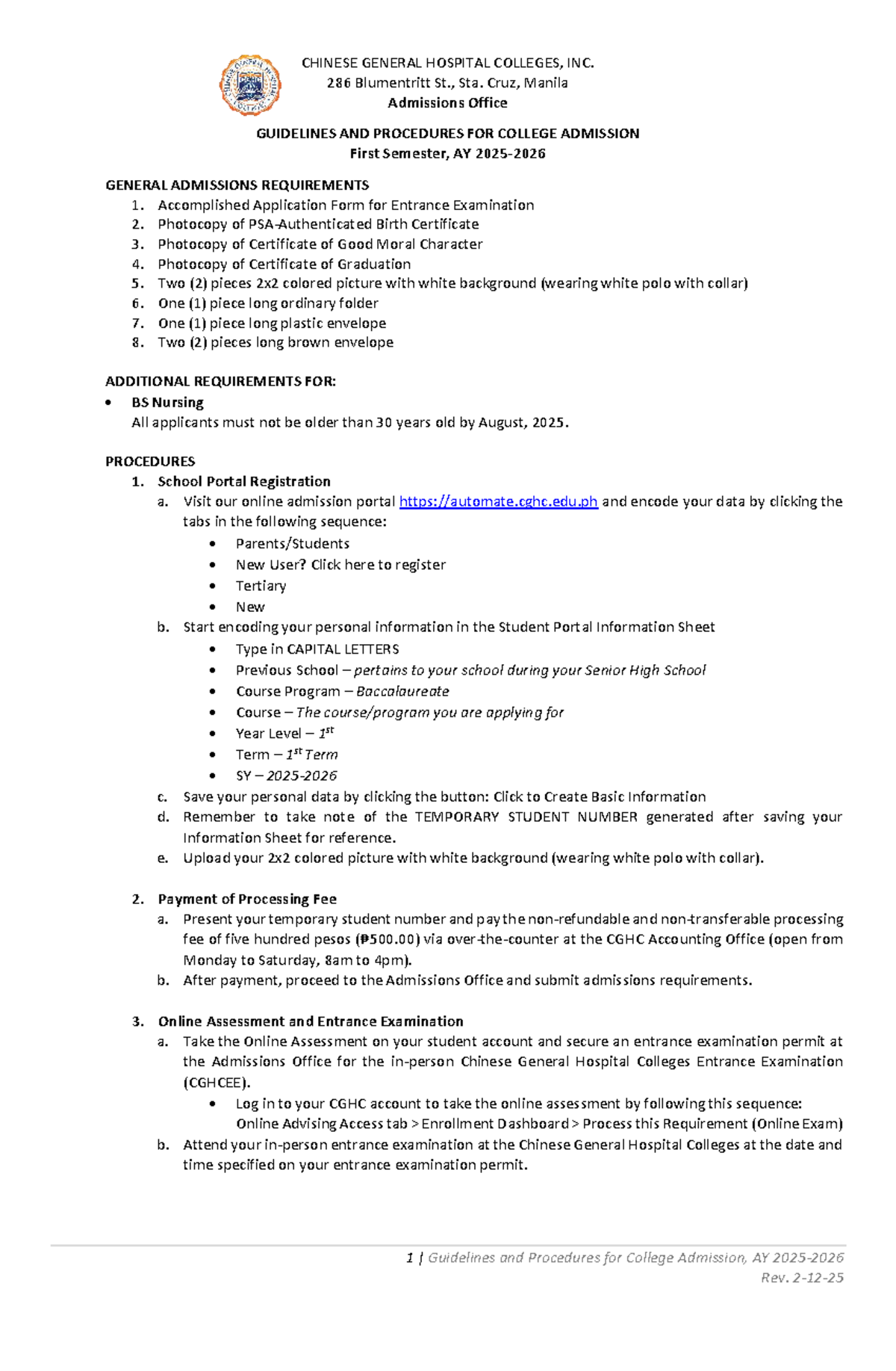CHINESE GENERAL HOSPITAL COLLEGES, INC. Admissions Guidelines AY 2025 ...