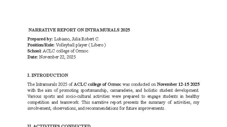 Narrative Report on Intramurals 2025: ACLC College Activities - Studocu