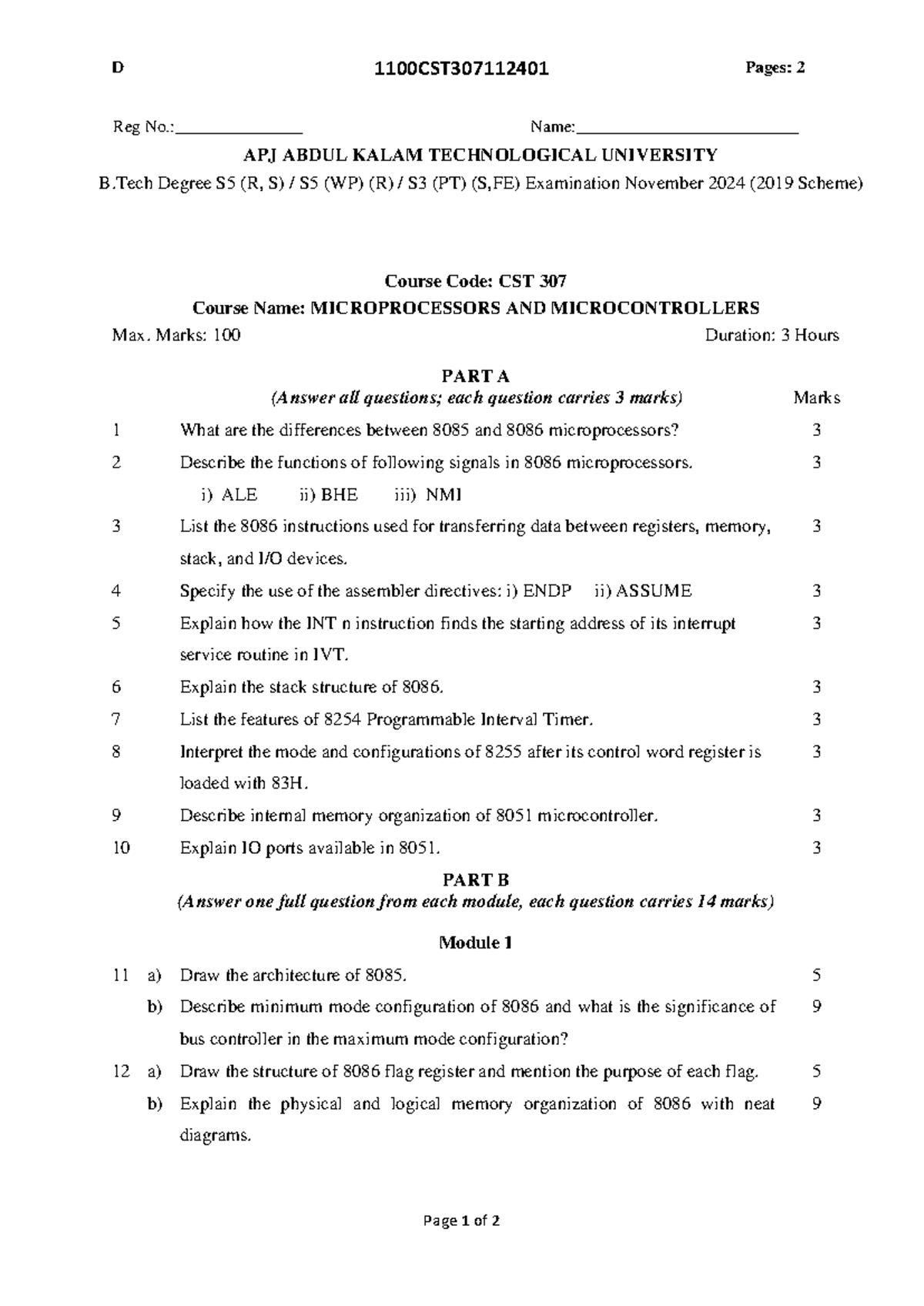 CST 307 Microprocessors & Microcontrollers Nov 2024 Exam Question Paper - Studocu
