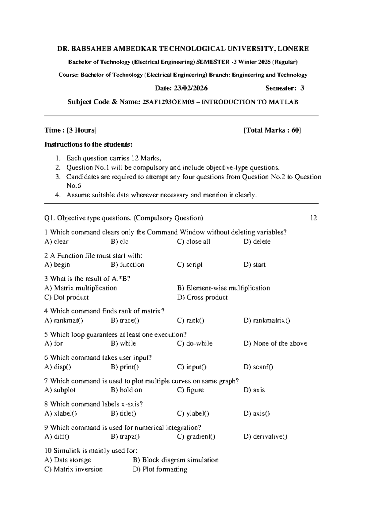 25AF1293OEM05 - MATLAB Introduction Exam Questions & Answers - Studocu