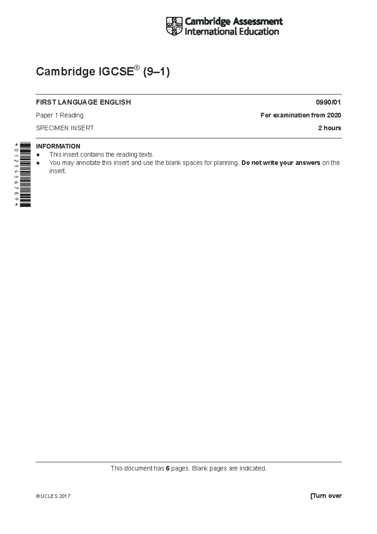 Cambridge FIRST LANGUAGE ENGLISH 2020 Specimen Paper 1 Reading Insert ...