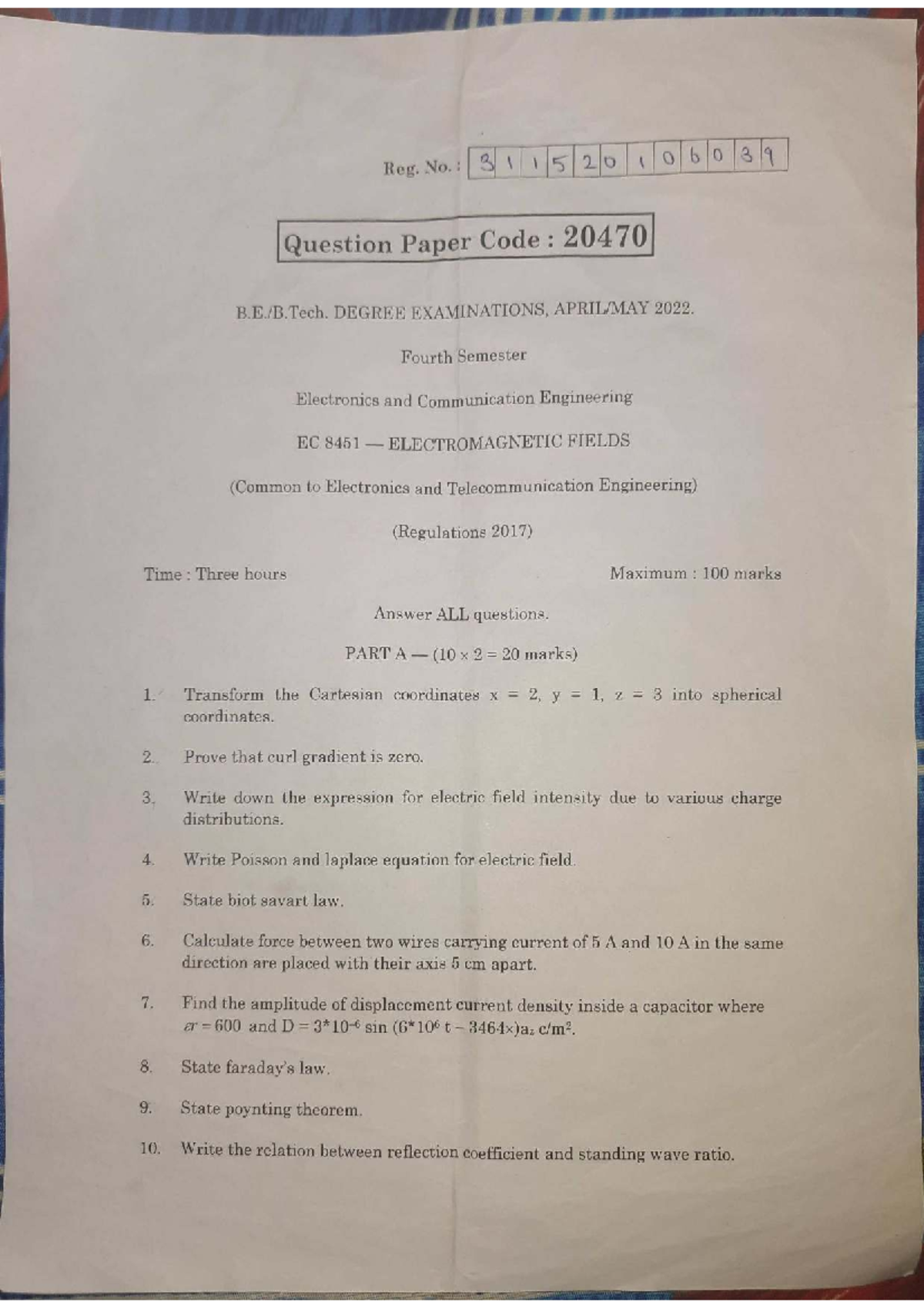 EC 8451 Electromagnetic Fields - Question Paper Notes - Studocu
