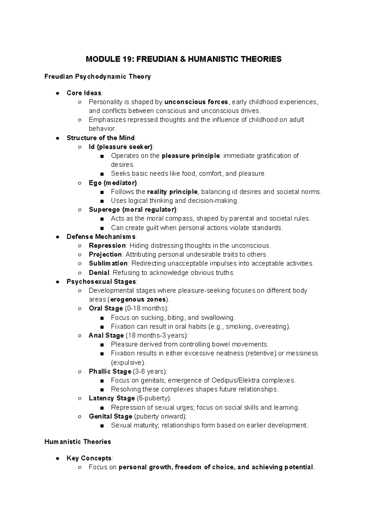 I2PSY Final Exam Review: Summary of Psychodynamic & Humanistic Theories ...