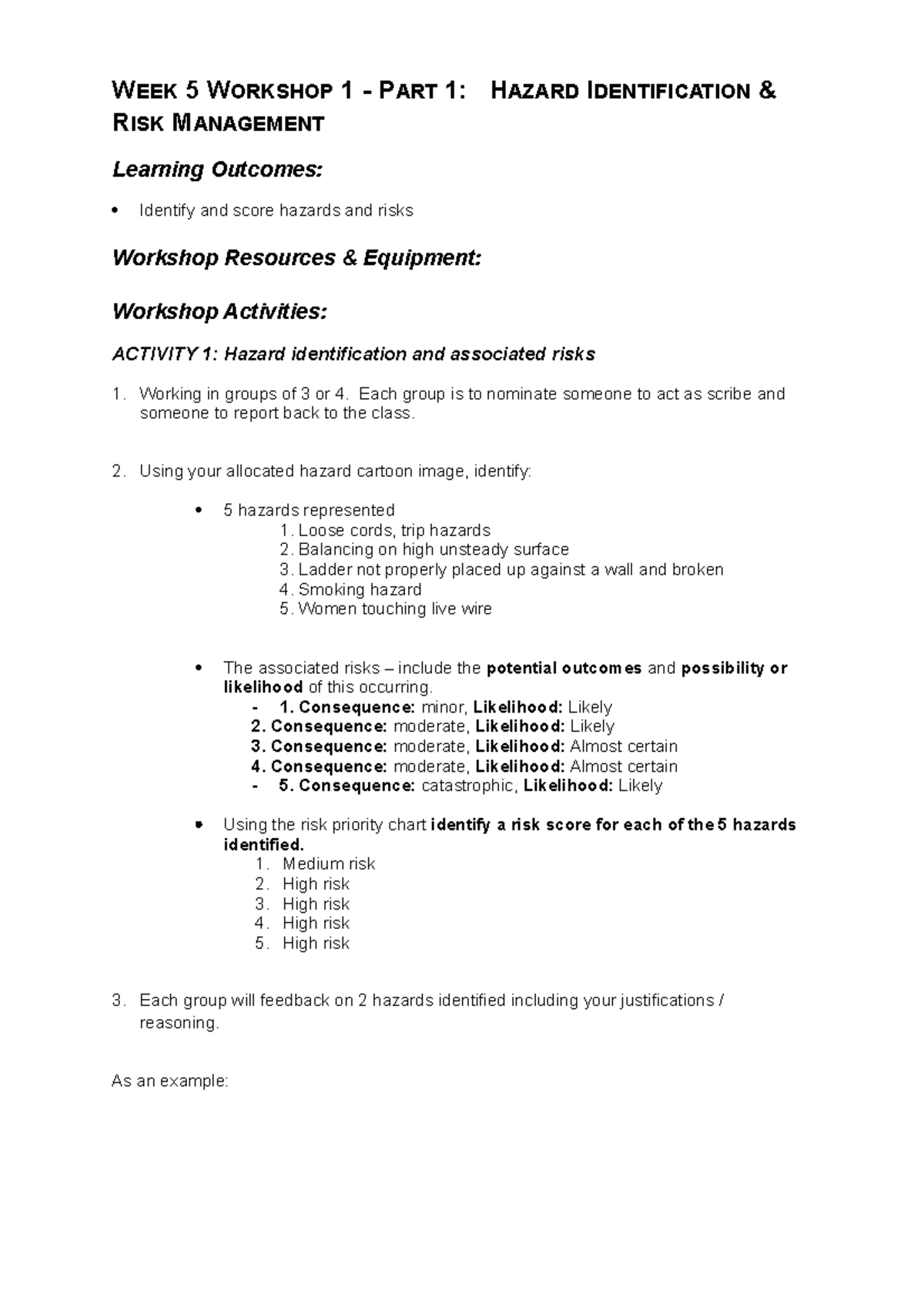 W5 Workshop 1: Hazard Identification & Risk Management Worksheet - Studocu