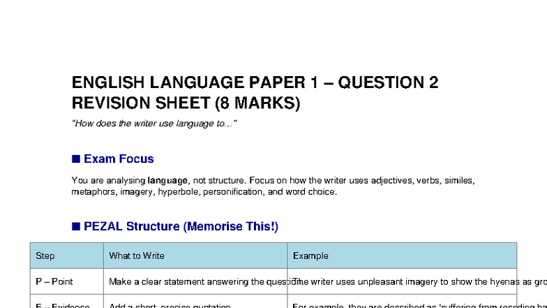 ENGLISH LANGUAGE PAPER 1 Q2 REVISION SHEET (8 MARKS) - Studocu