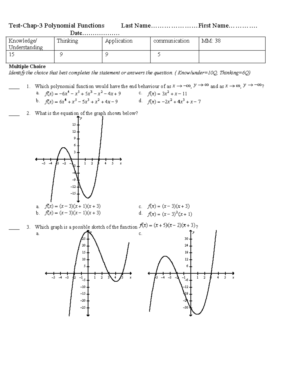 Test Chap 3: Understanding Polynomial Functions and Applications - Studocu