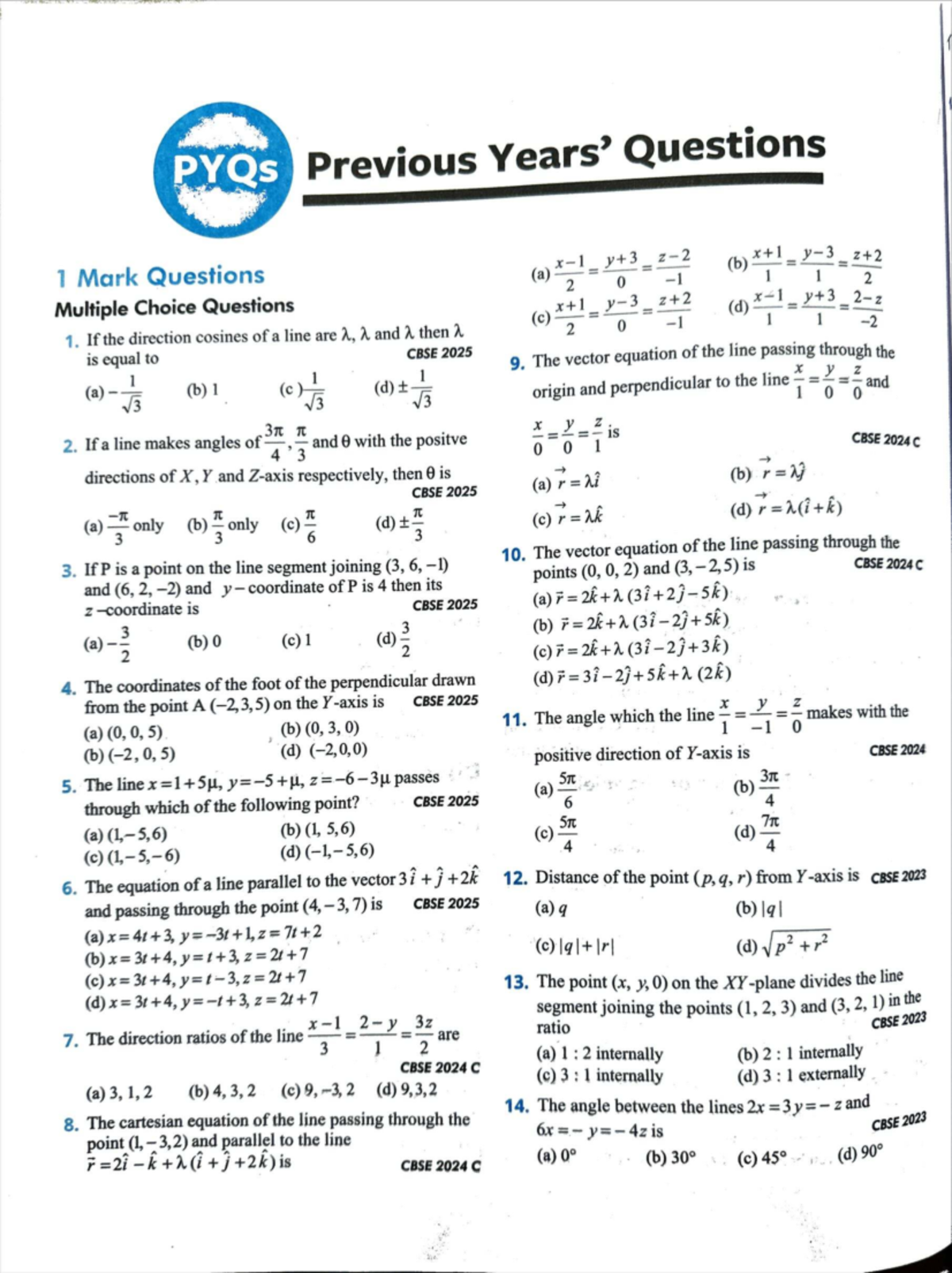 PYQs for 3D Geometry - CBSE Sample Papers & Questions - Studocu