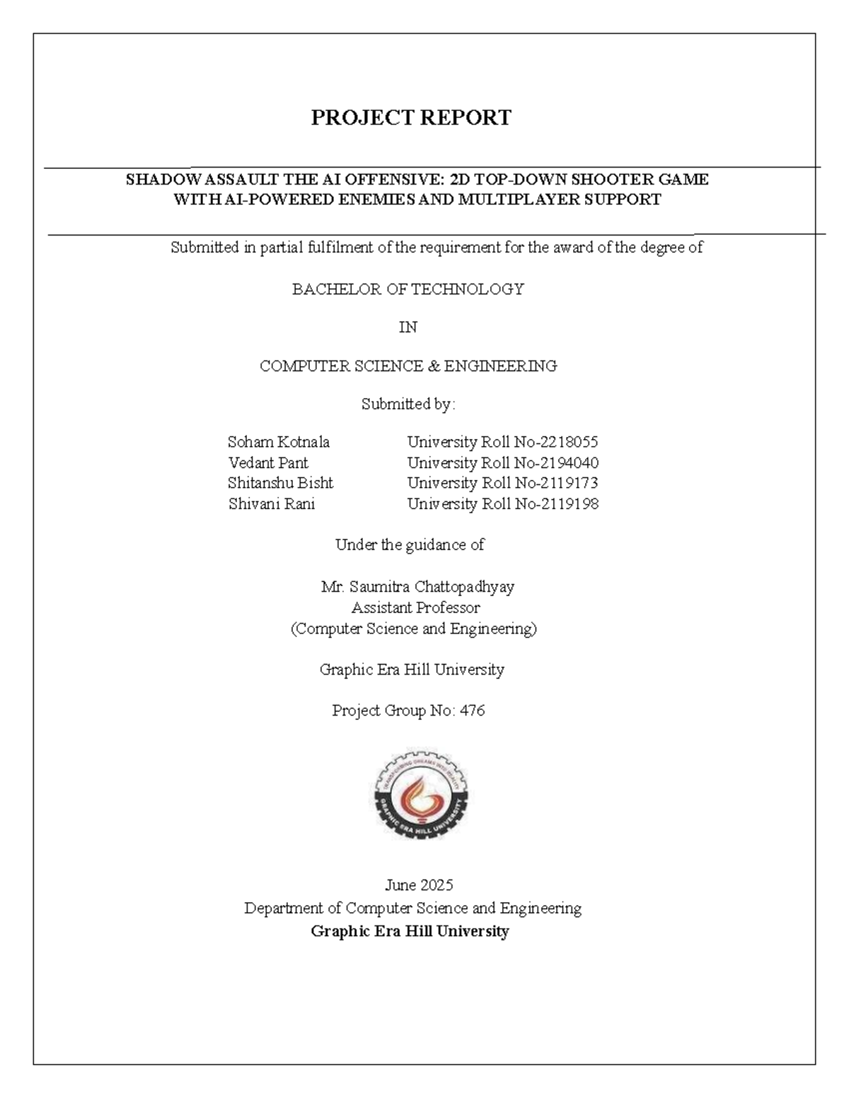 BTECH CSE Project Report: Shadow Assault - 2D Shooter Game Development ...