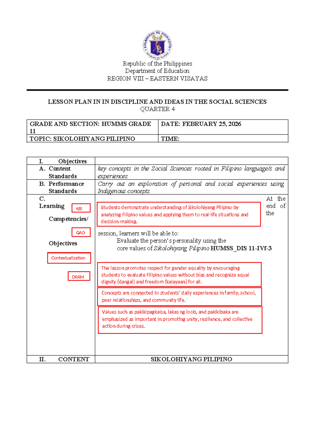 HUMMS 11 Lesson Plan: Sikolohiyang Pilipino - Quarter 4 - Studocu