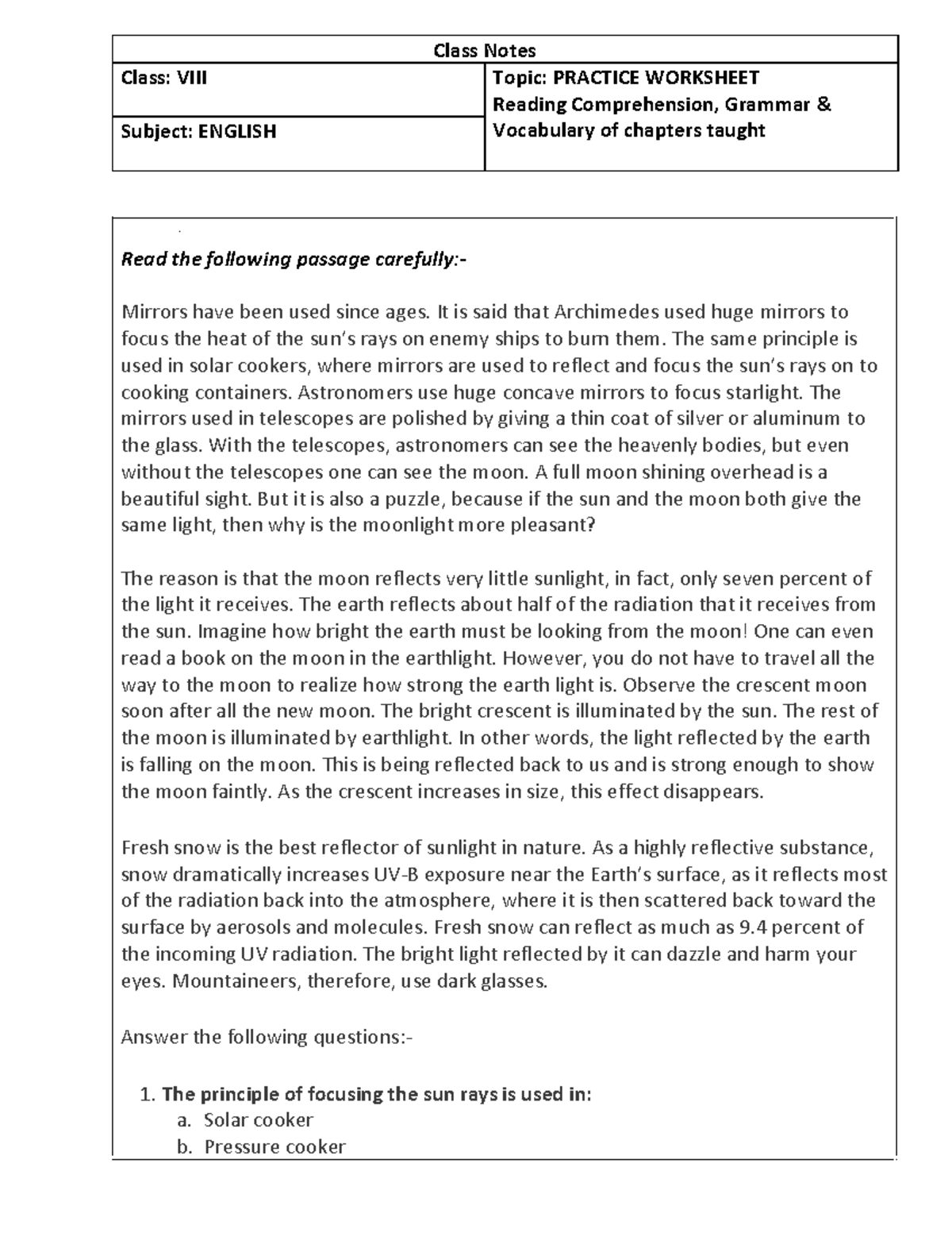ENGLISH 8: Practice Worksheet on Reading Comprehension & Grammar - Studocu