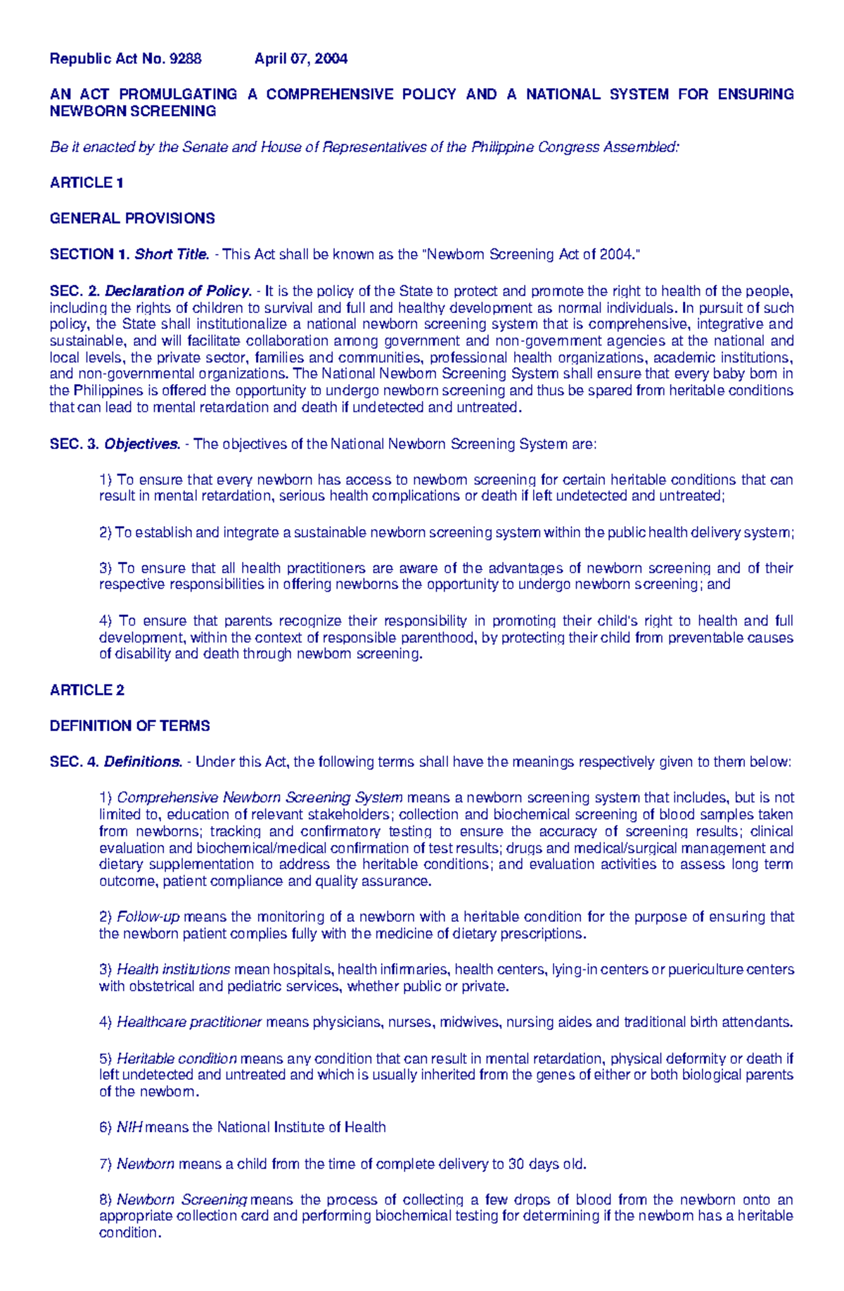 Republic Act No. 9288: Comprehensive Newborn Screening Policy - Studocu