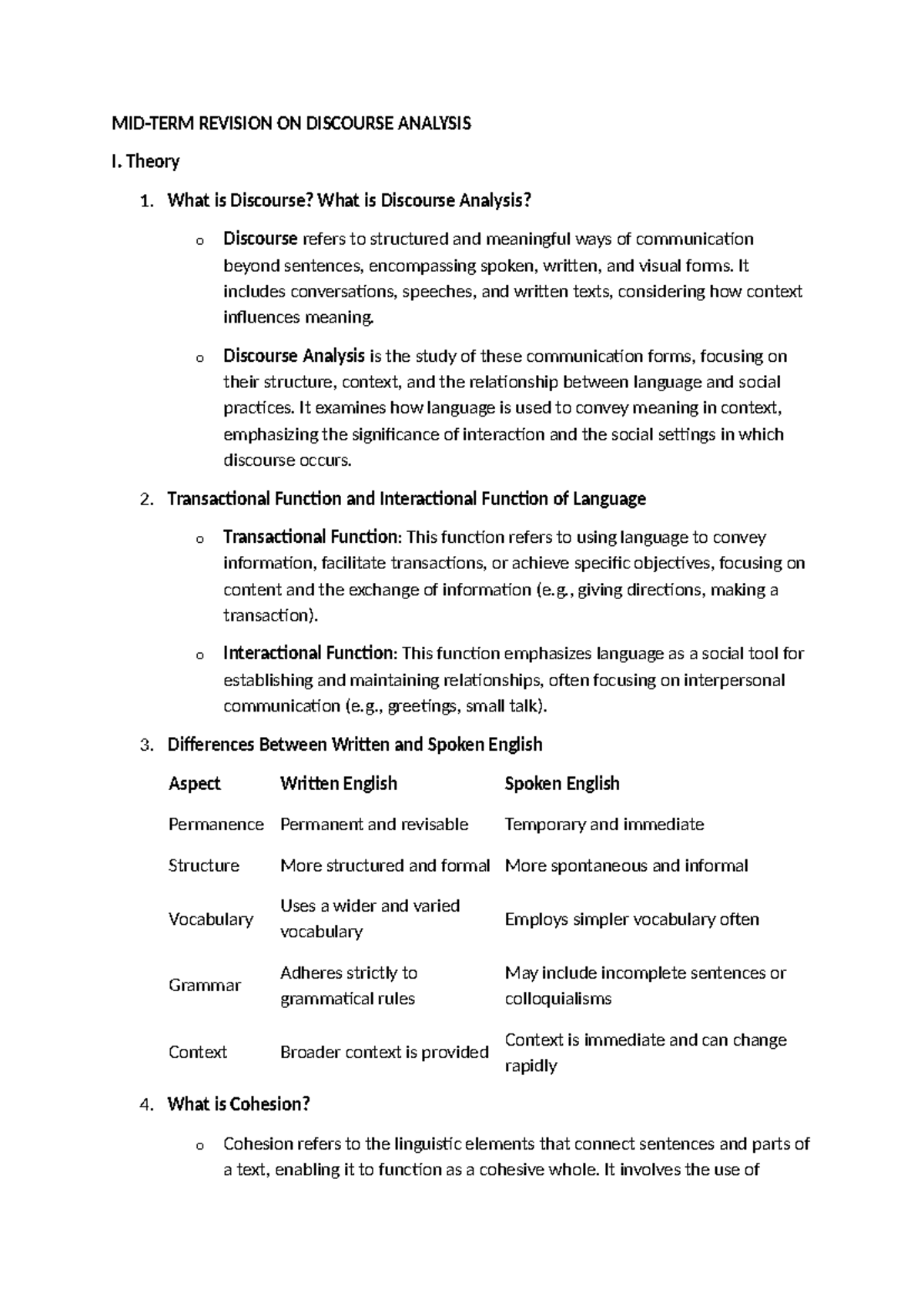 REVISION ON DISCOURSE ANALYSIS I: Key Concepts and Functions - Studocu