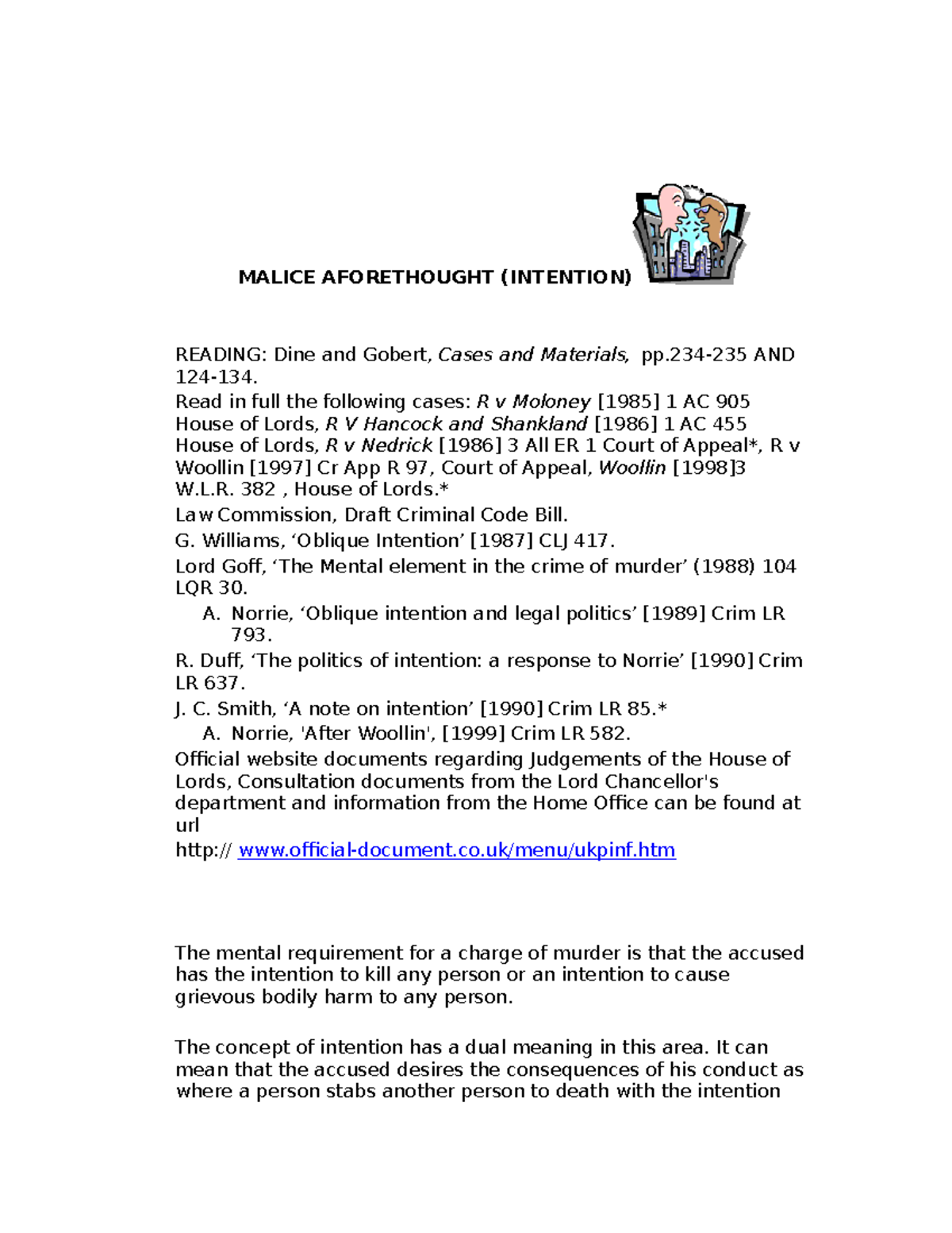 MALICE AFORETHOUGHT (INTENTION) NOTES: Key Cases & Legal Principles ...