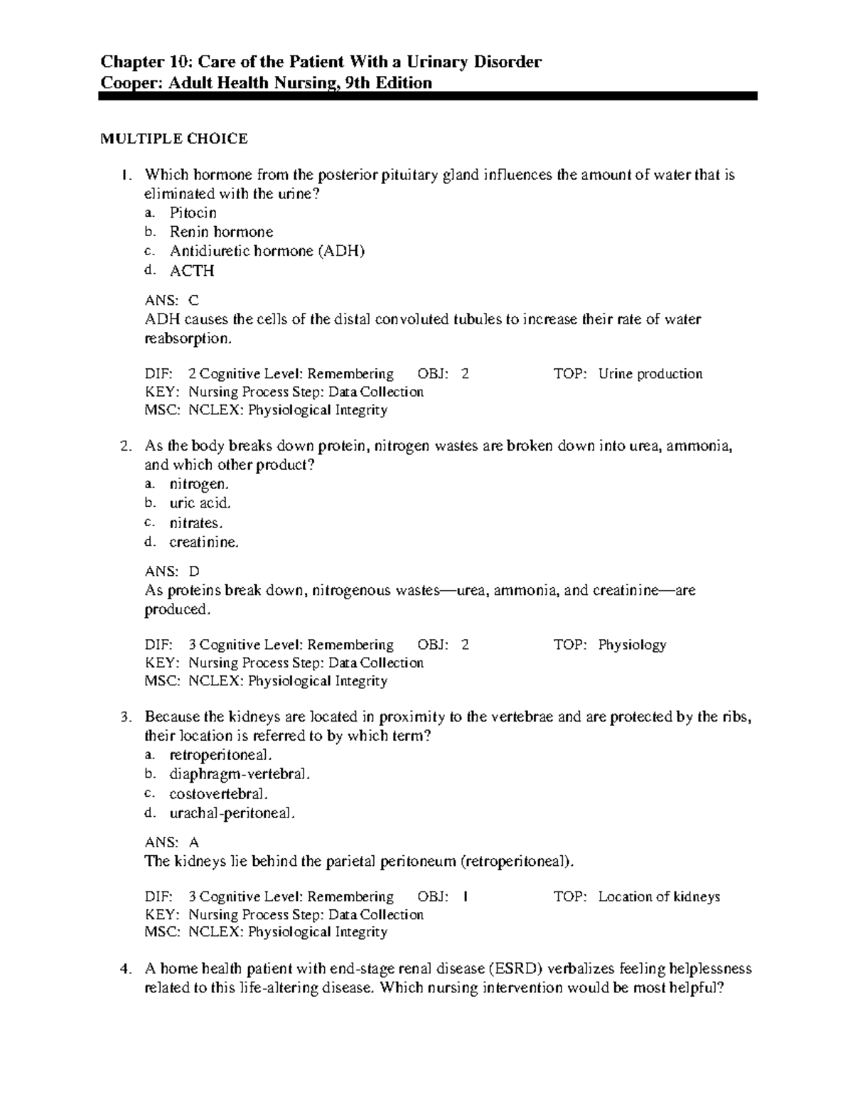 Chapter 10: Test Bank for Urinary Disorders - Adult Health Nursing ...