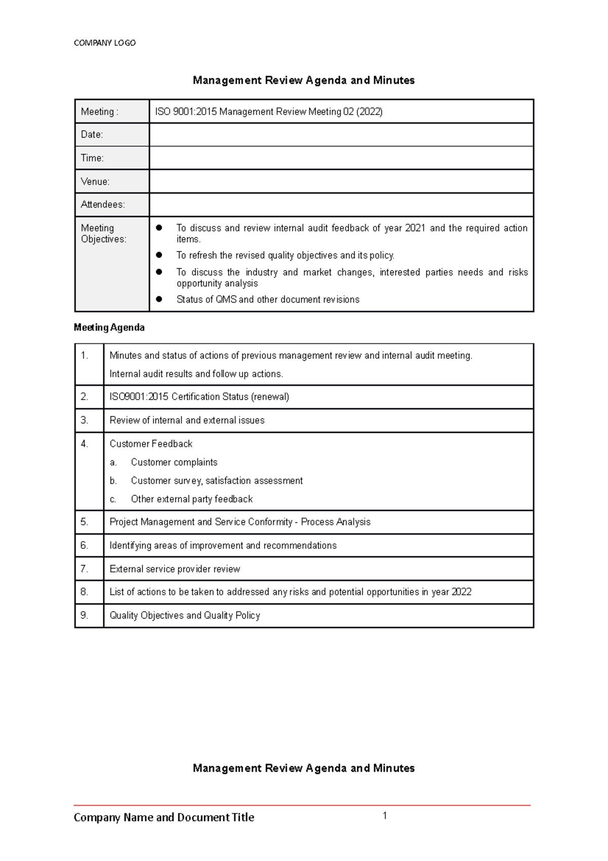 ISO 9001:2015 Management Review Meeting Agenda & Minutes (2022) - Studocu