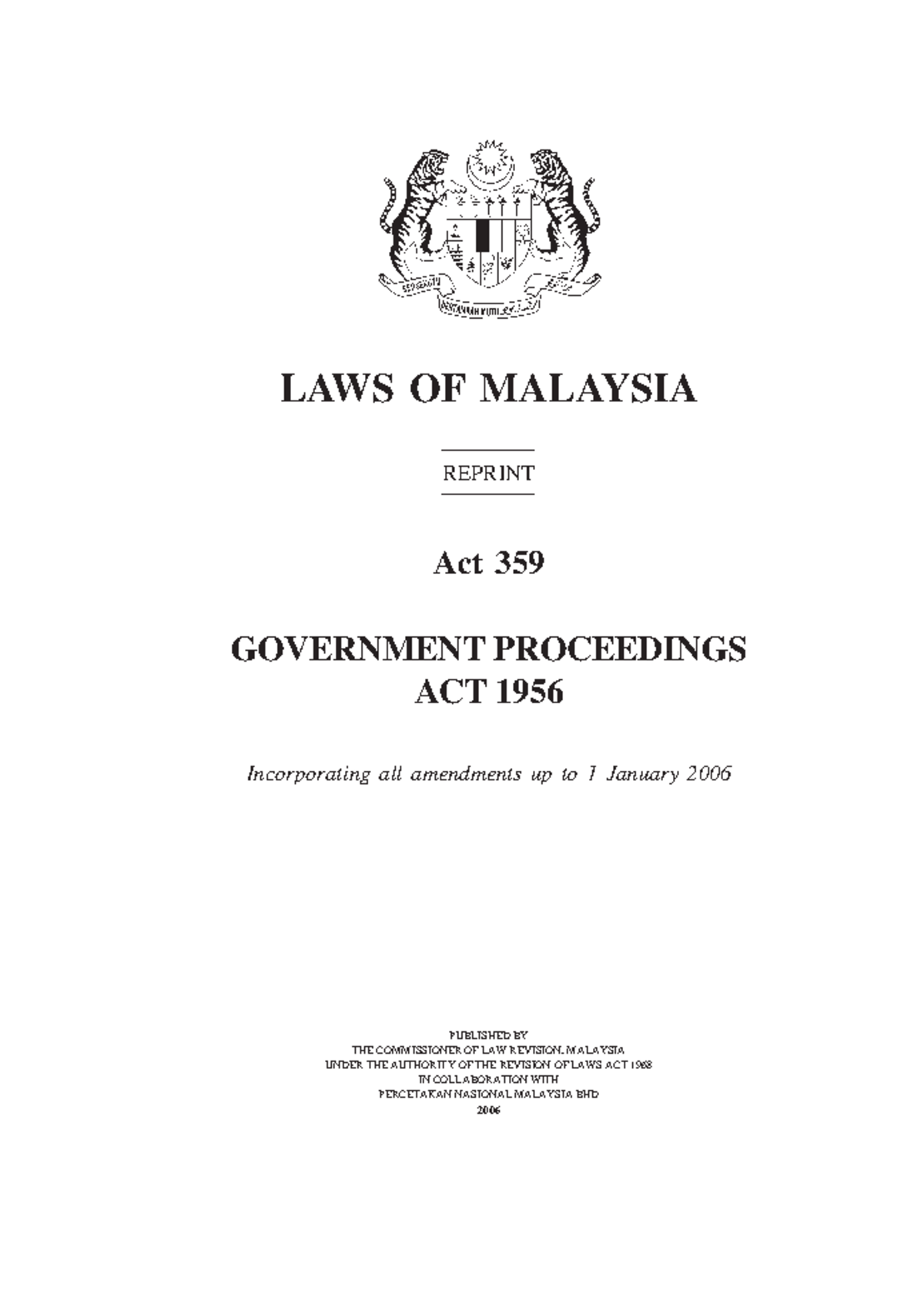 Government Proceedings ACT 1956 - LAWS OF MALAYSIA REPRINT Act 359 ...