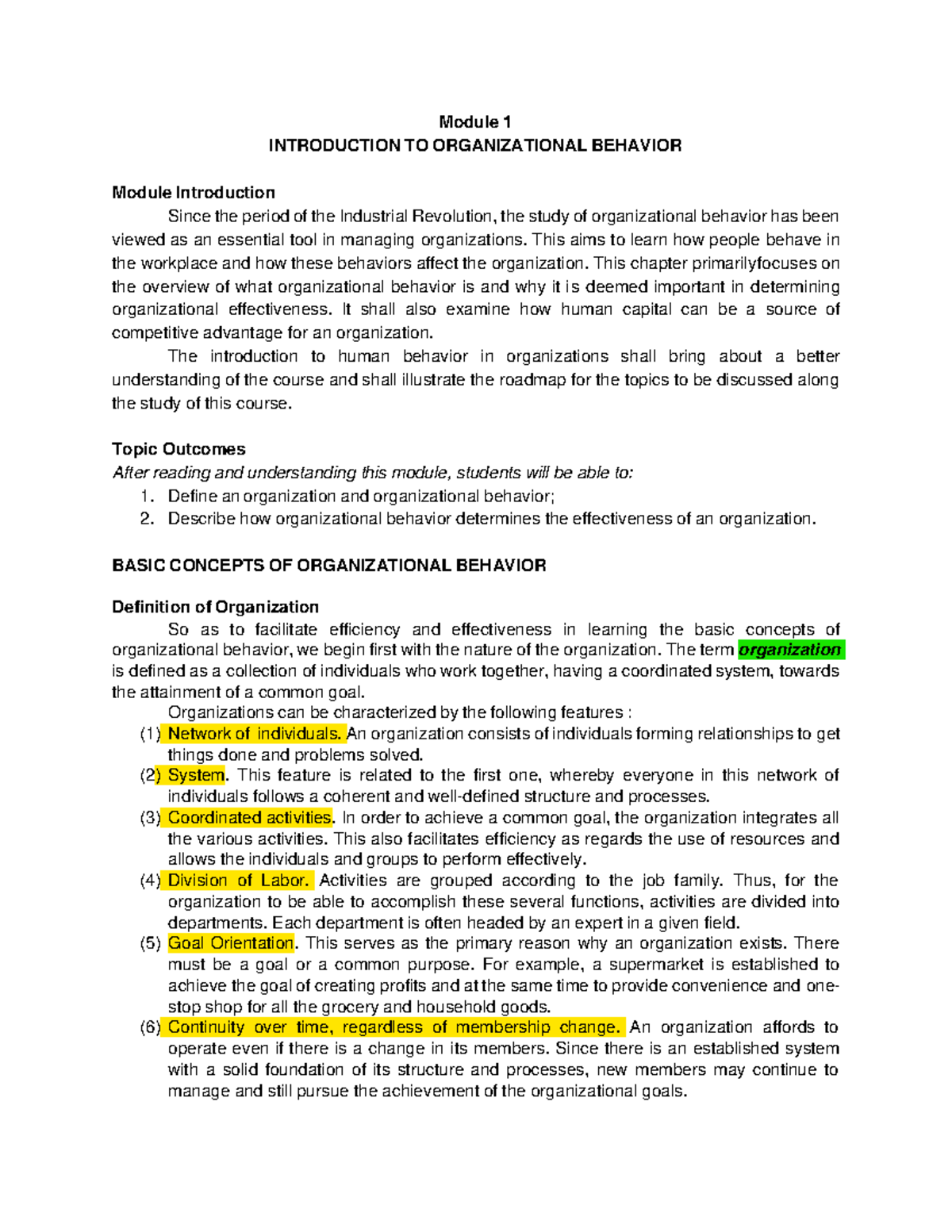 Module 1 - Introduction to Organizational Behavior: Concepts & Impact ...