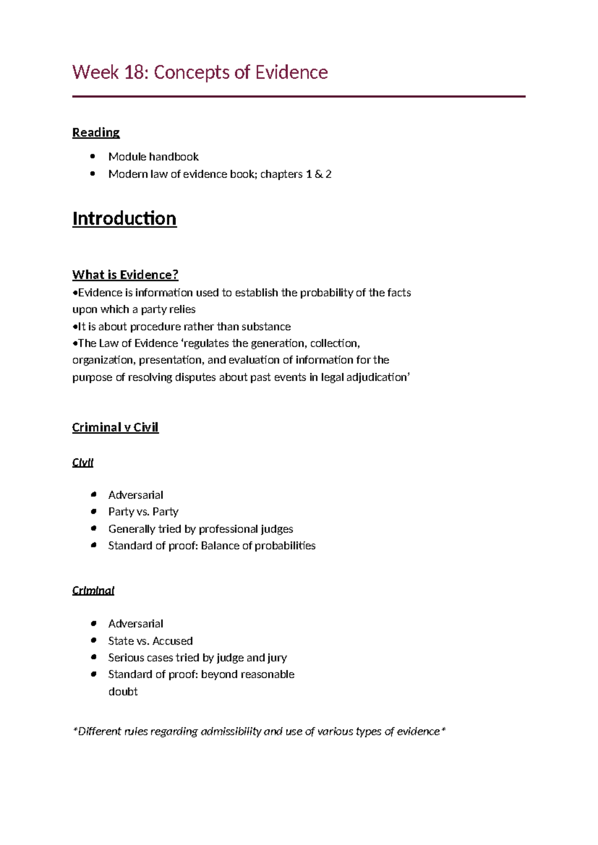 Week 18: Key Concepts in Criminal Evidence - Modern Law Overview - Studocu