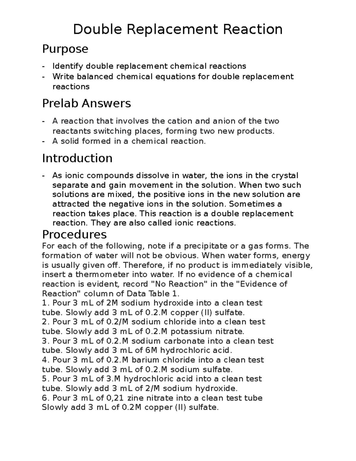 Lab Report: Double Replacement Reactions Analysis and Results - Studocu