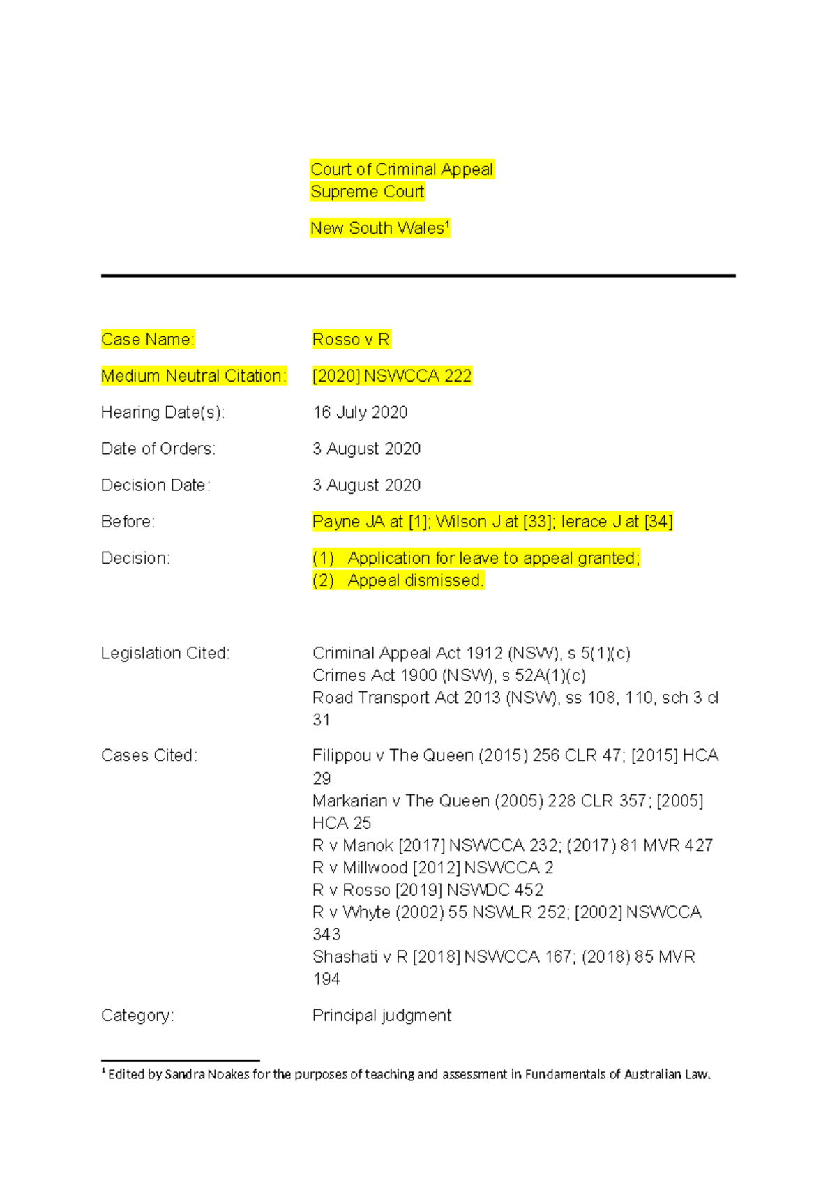 NSWCCA Case Summary: Rosso v R - Dangerous Driving Causing Death - Studocu