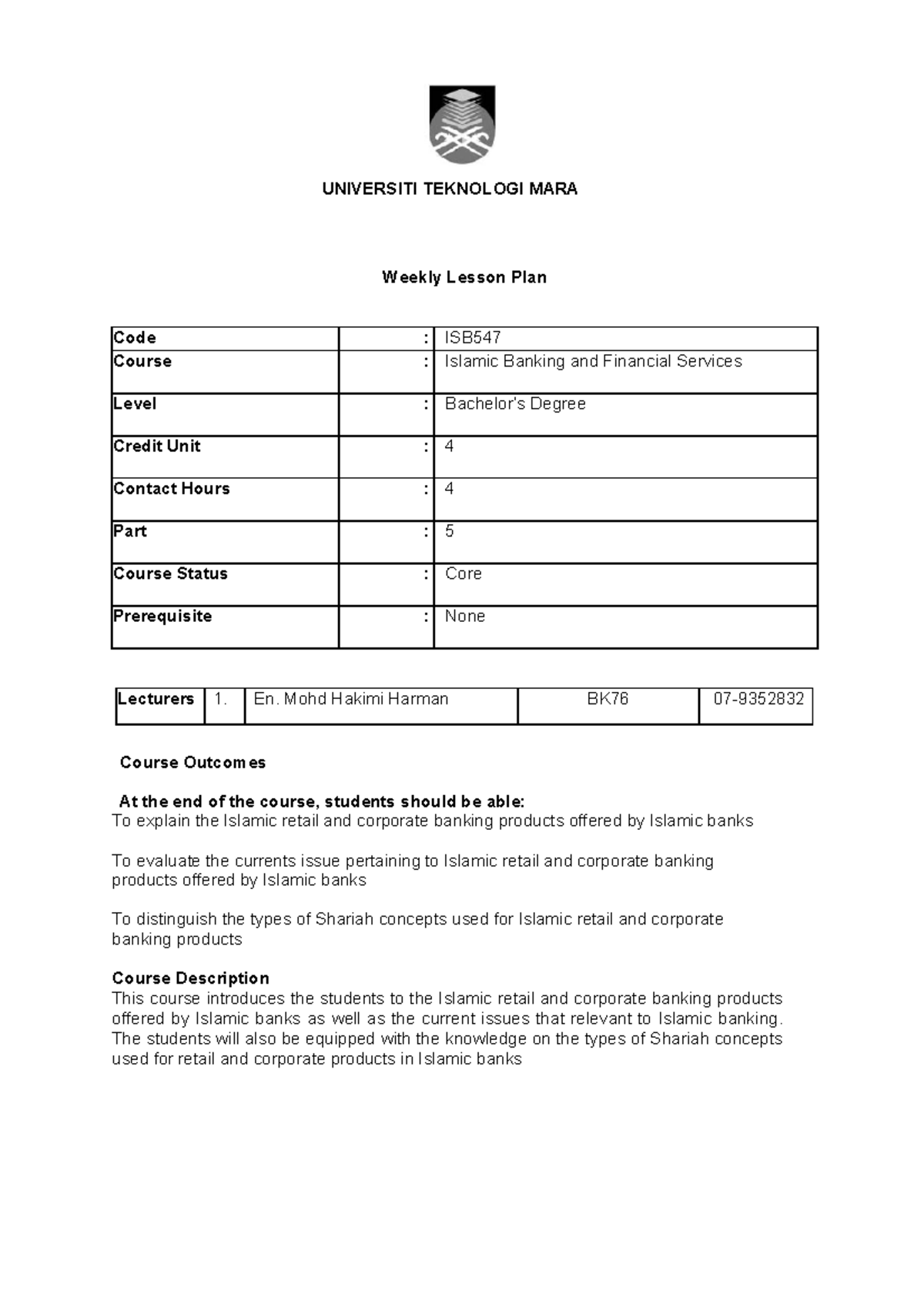 Lesson Plan - ISB 547 - UNIVERSITI TEKNOLOGI MARA Weekly Lesson Plan ...